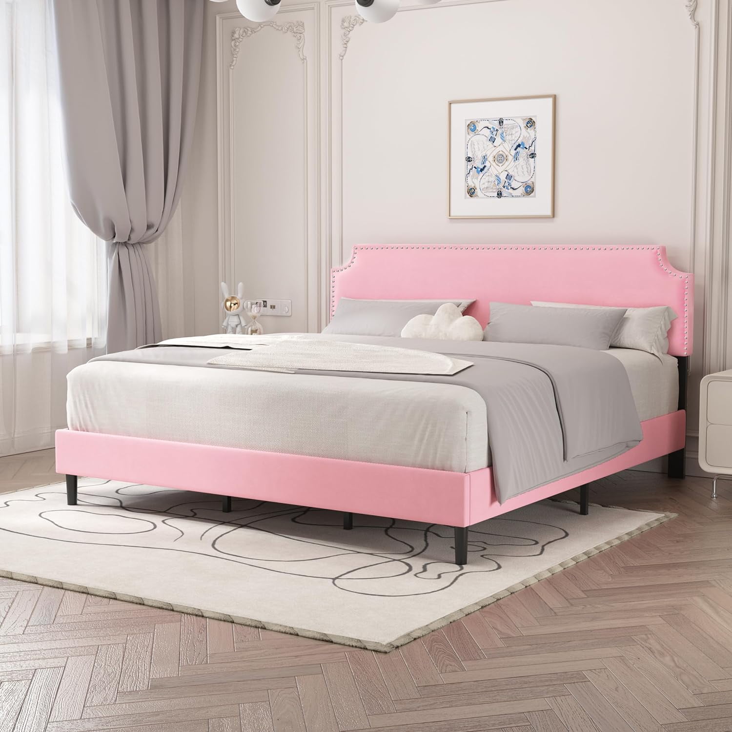 alazyhome Nailhead Trim Upholstered King Bed Frame with Wooden Slats ...