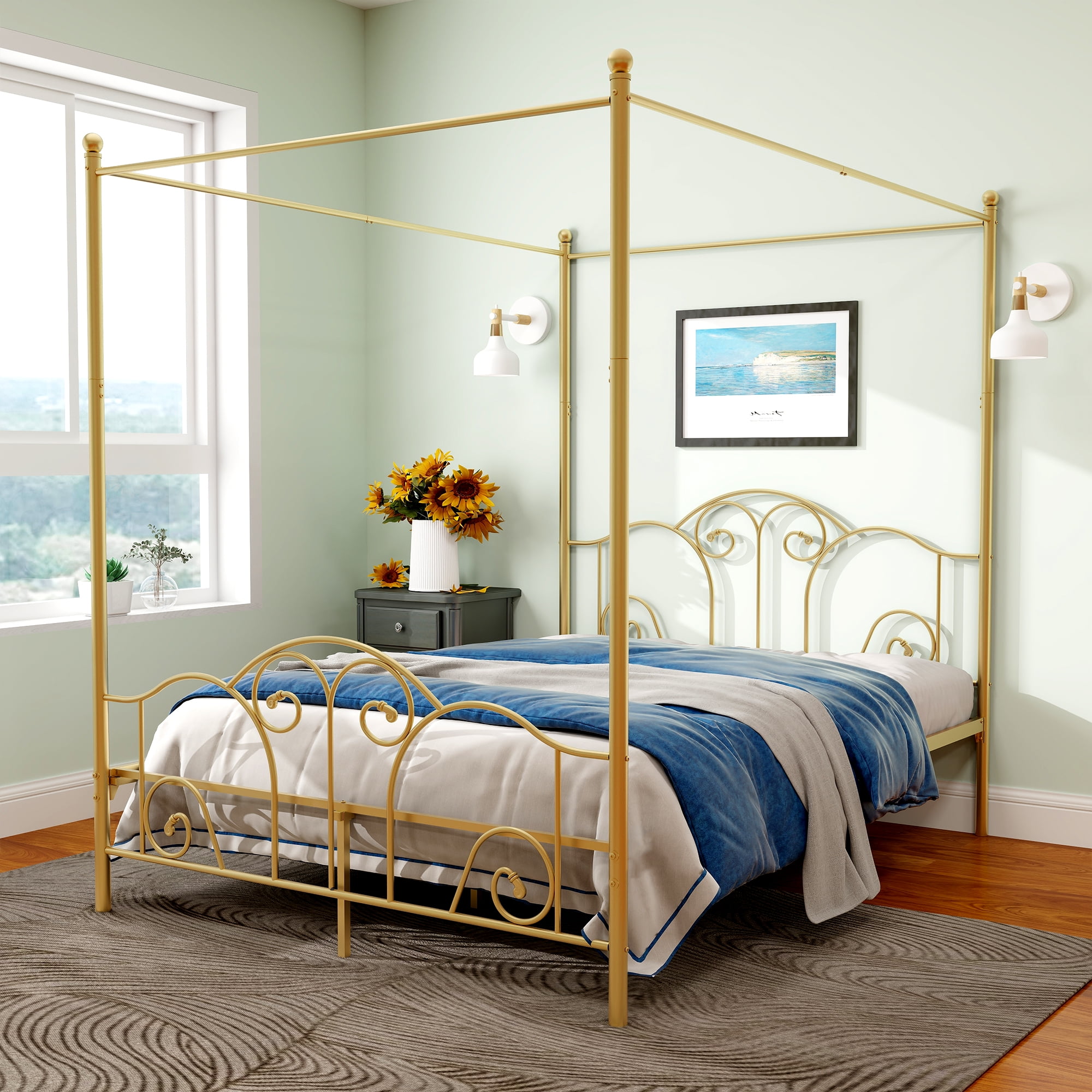 Alazyhome Adult Heavy Duty Queen Size Canopy Platform Bed Frame, Gold ...