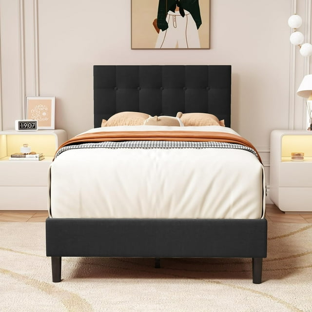 alazyhome Twin Size Fabric Upholstered Platform Bed Frame with Button ...