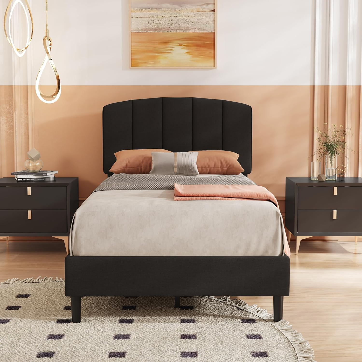 alazyhome Twin Size Upholstered Platform Bed Frame with Linen Headboard ...