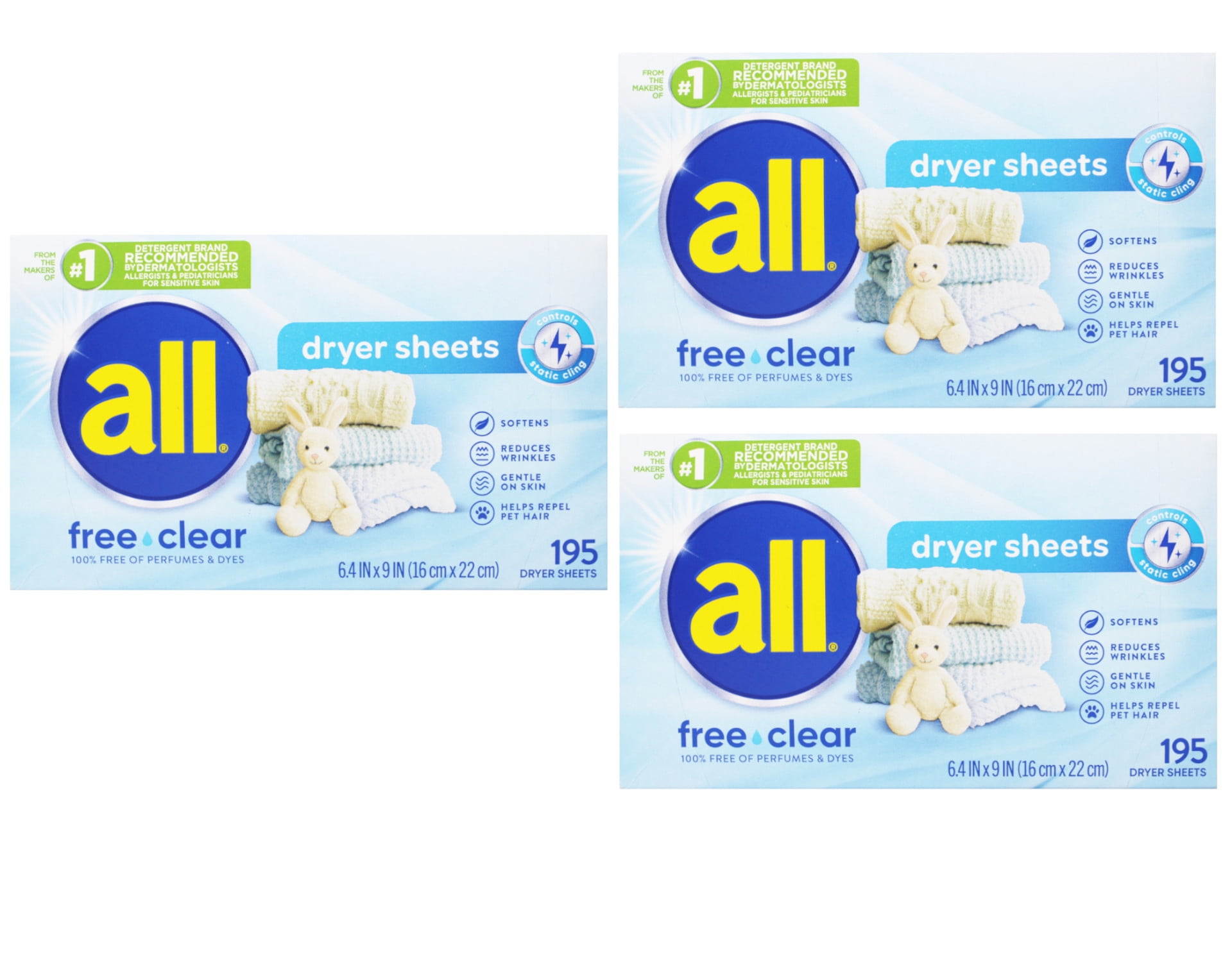 all Fabric Softener Dryer Sheets for Sensitive Skin, Free Clear, 195 ...