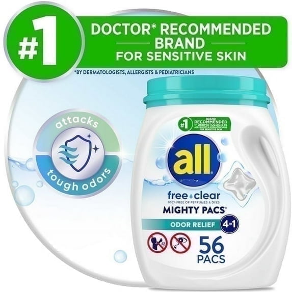 all Mighty Pacs Laundry Detergent, Free Clear Odor Relief, Tub, 56 ...