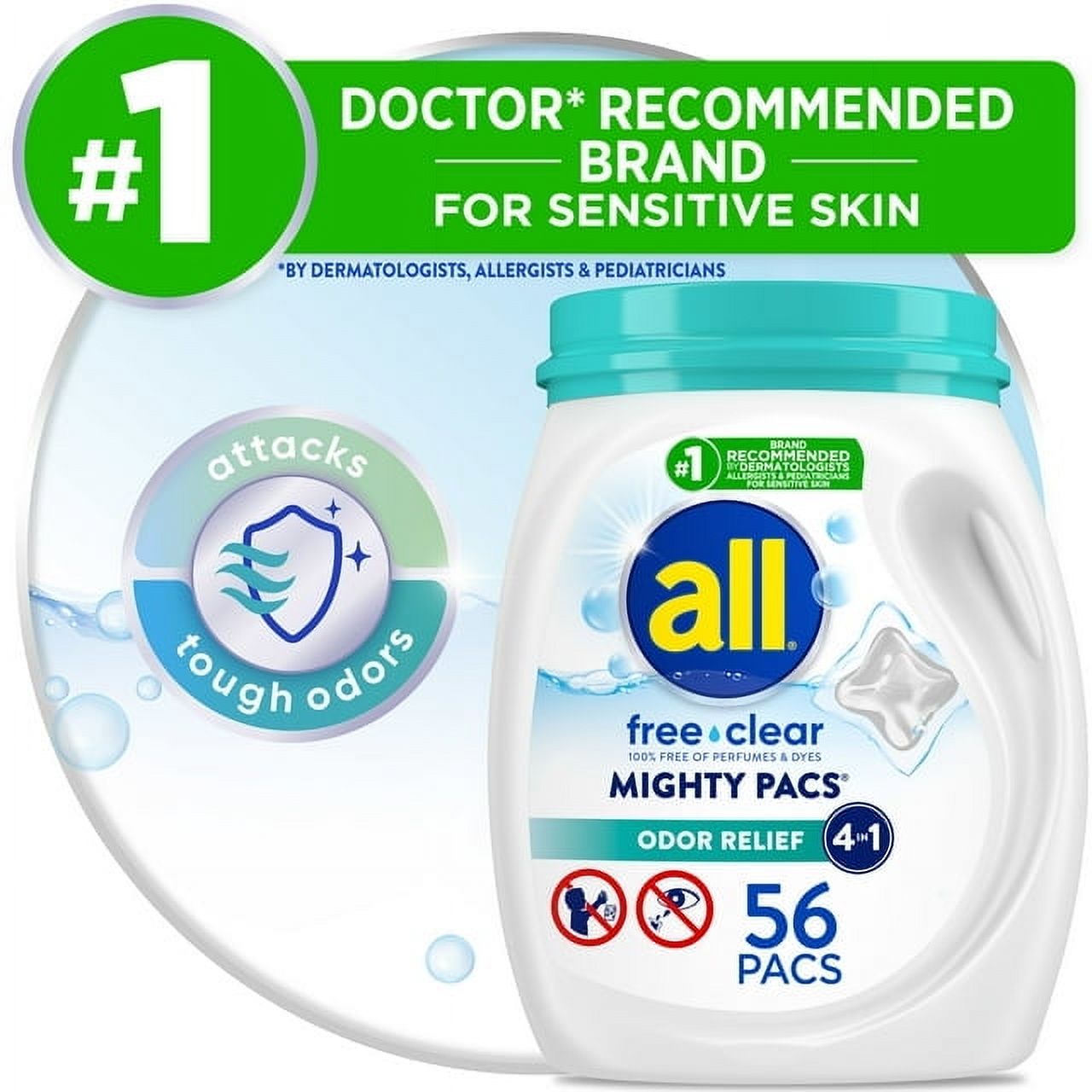 all Mighty Pacs Laundry Detergent, Free Clear Odor Relief, Tub, 56 ...