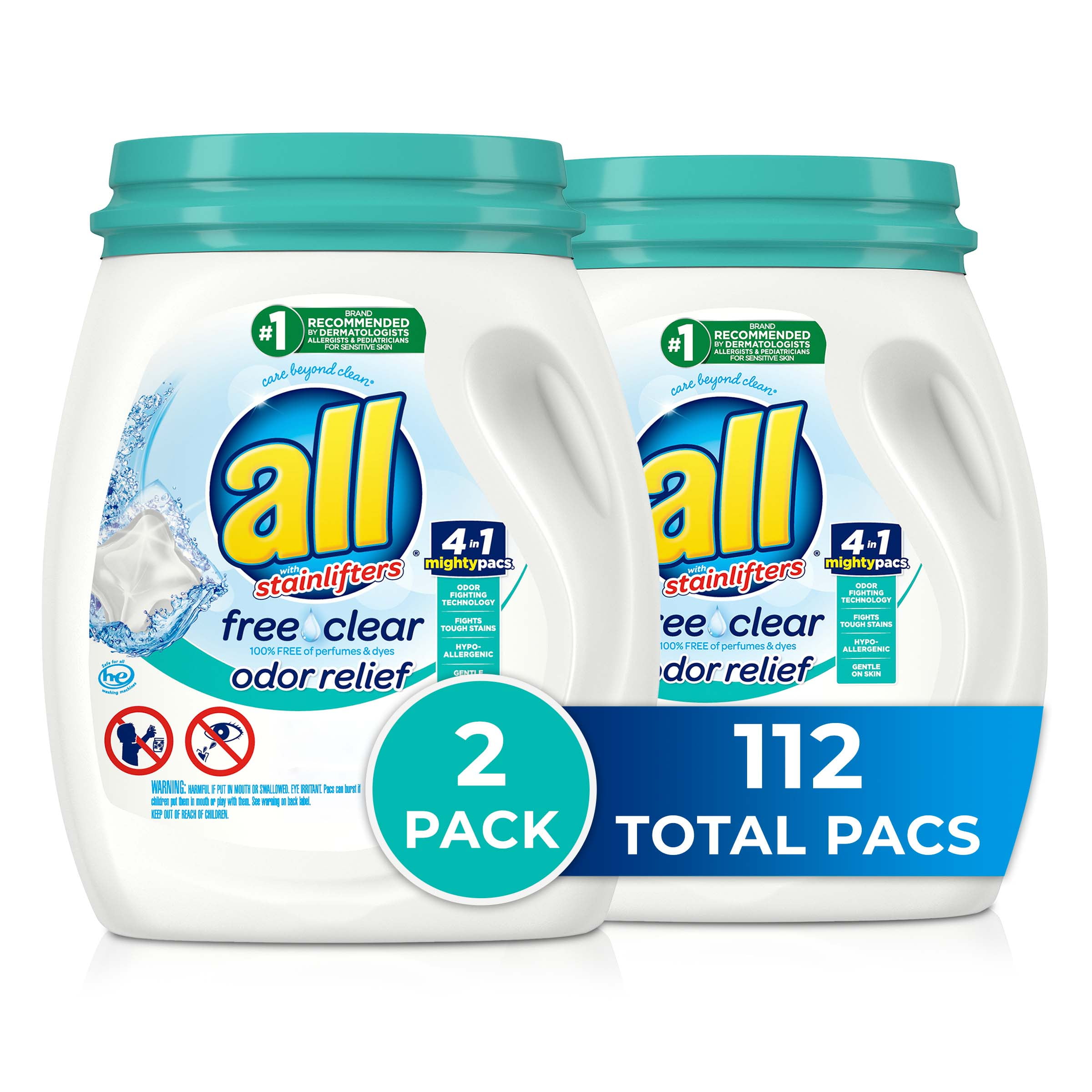 all Mighty Pacs Laundry Detergent, Free Clear Odor Relief, Tub, 56 ...