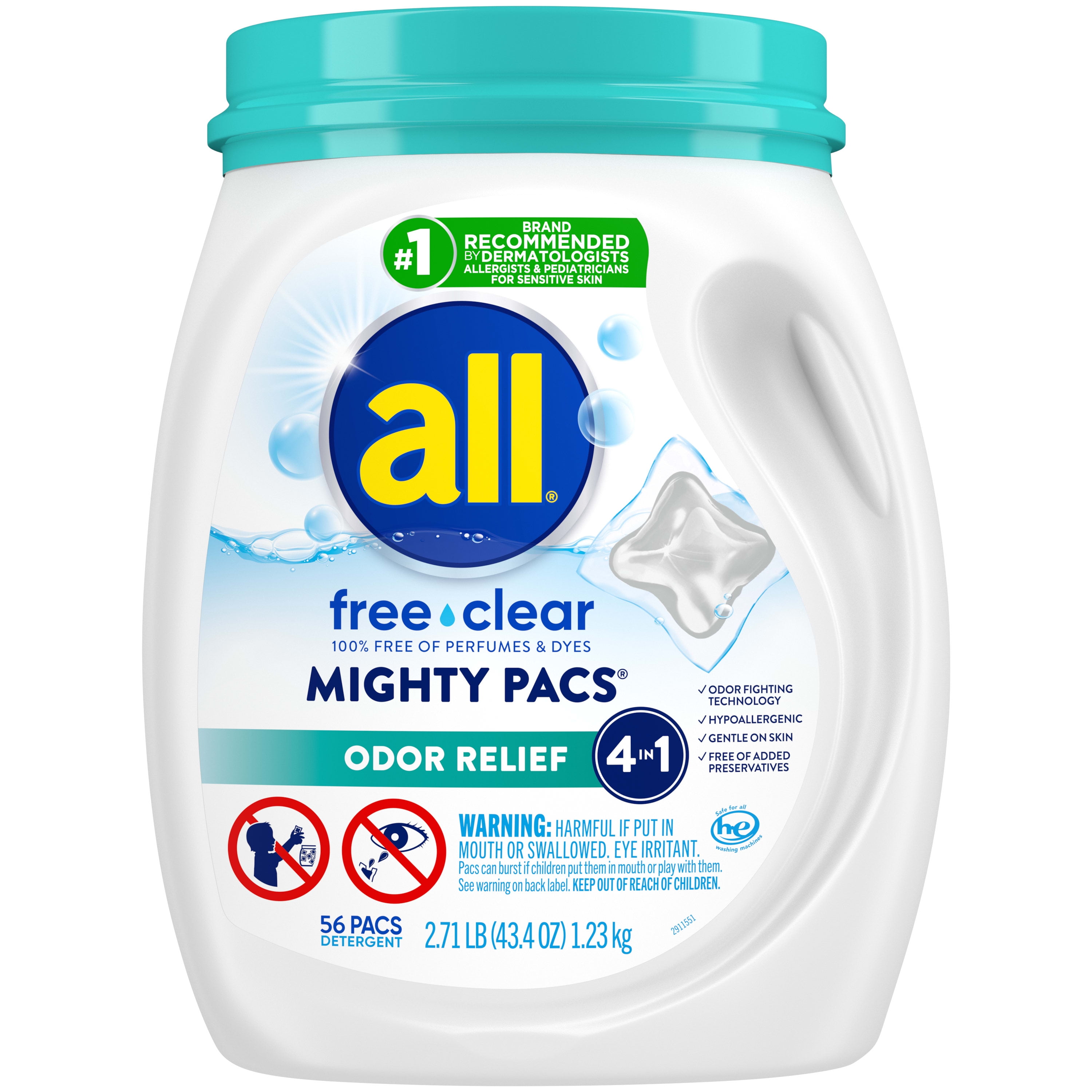all Mighty Pacs Laundry Detergent, Free Clear Odor Relief, Tub, 56 ...