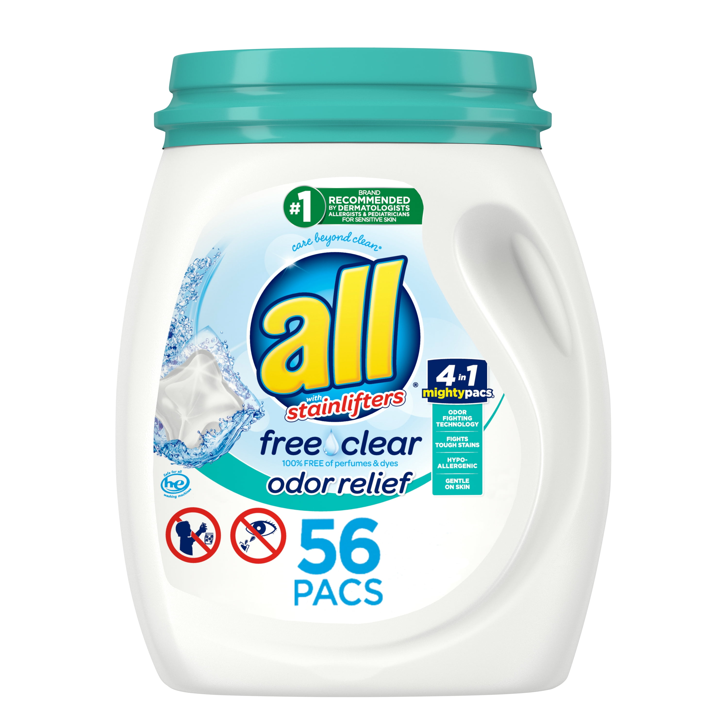 all Mighty Pacs Non-Dye Laundry Detergent, 56 Count, Free Clear Odor ...