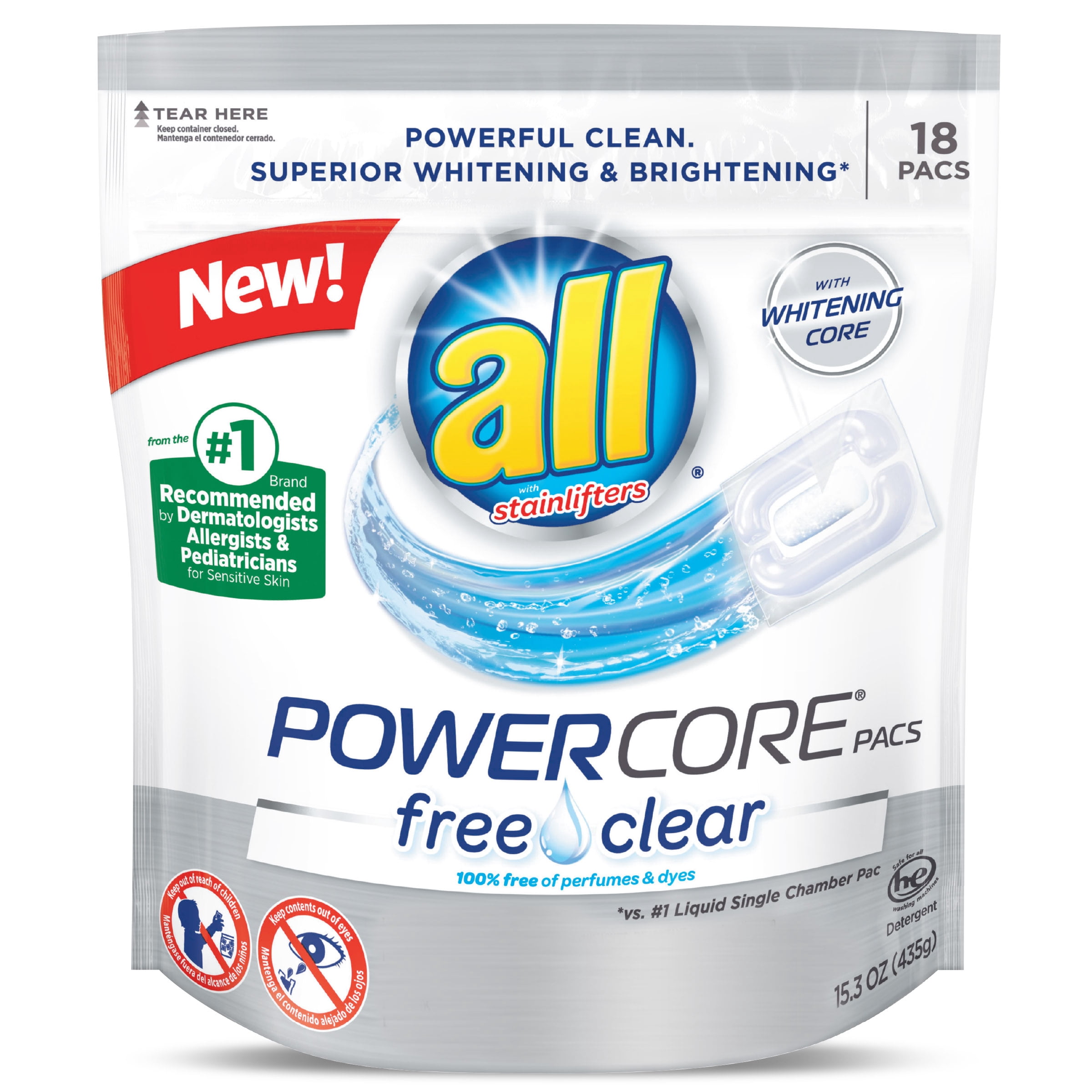 all PowerCore Pacs Laundry Detergent, Free Clear for Sensitive Skin, 18 ...