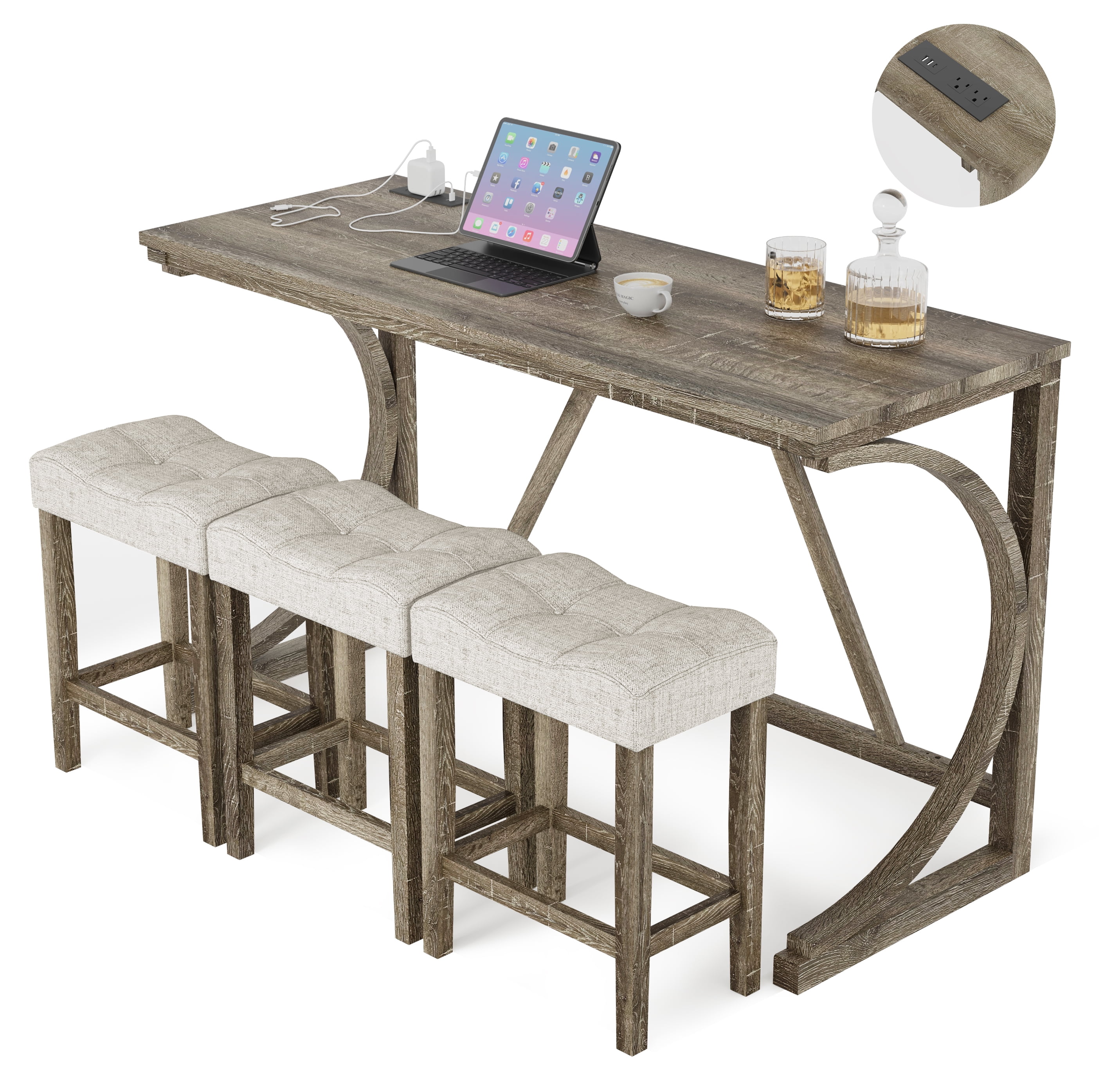 allamazing 4-Piece Counter High Bar Table Set with Socket and 3 Fabric ...