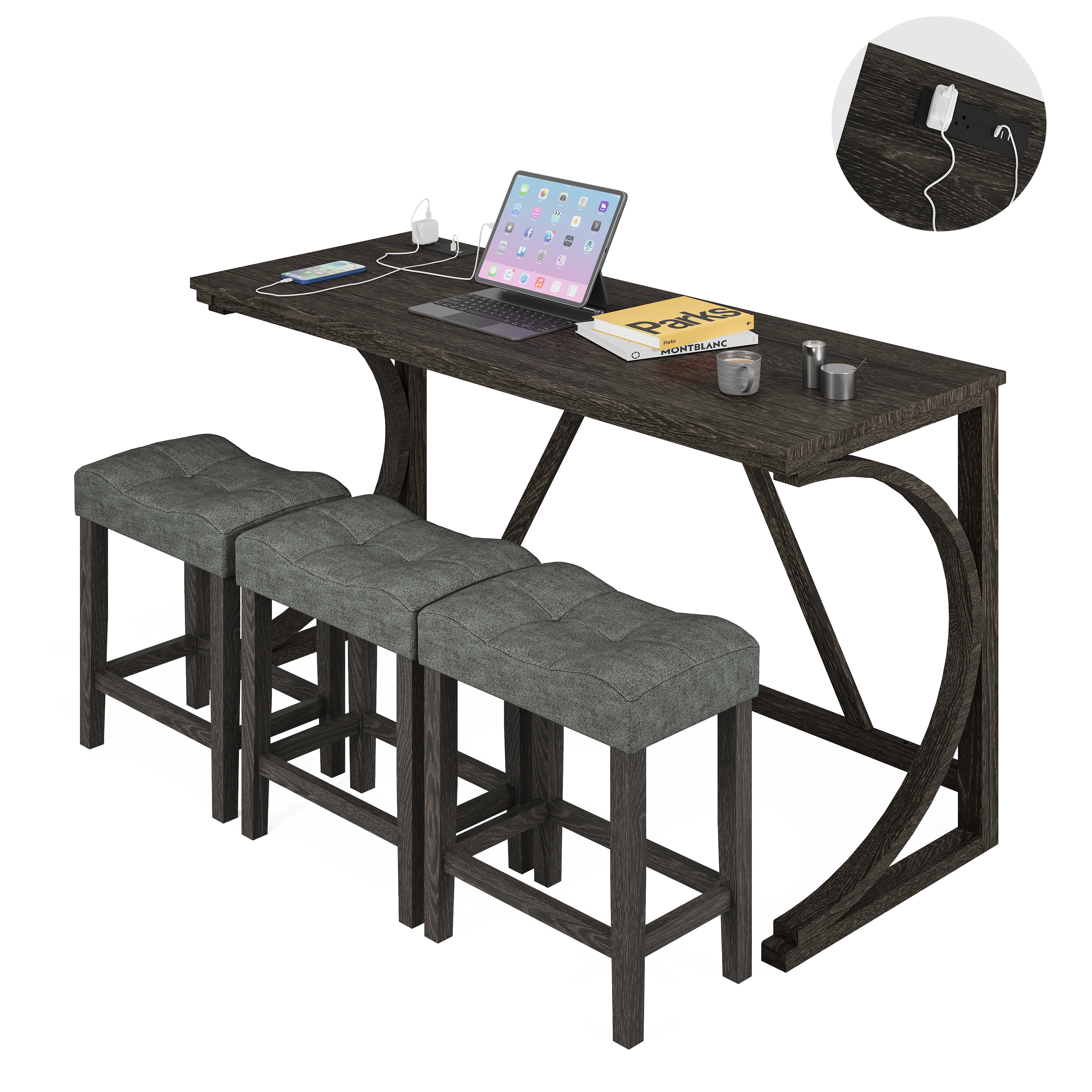 allamazing 4-Piece Counter High Bar Table Set with Socket and 3 Fabric ...