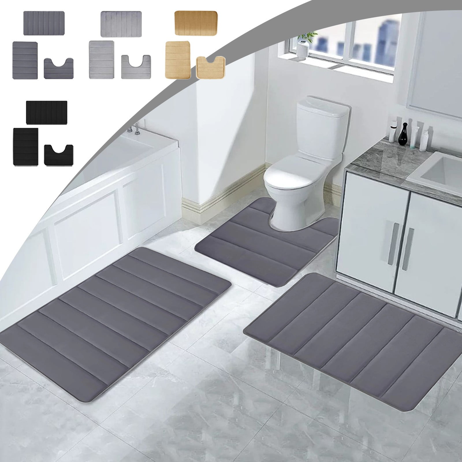 allowith Memory Foam Bath Mat Set, Bathroom Rugs for 3 Pieces, Toilet ...