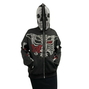 CNSTORE Y2K Hoodie Full Zip Up Hoodie Over Face Women Men Skeleton Skull Print Hooded Aesthetic ...