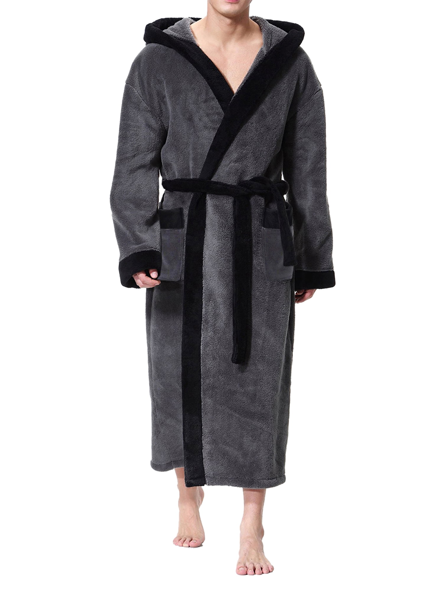 allshope Men Fall Winter Flannel Bathrobe Gown Robe Patchwork Hooded ...