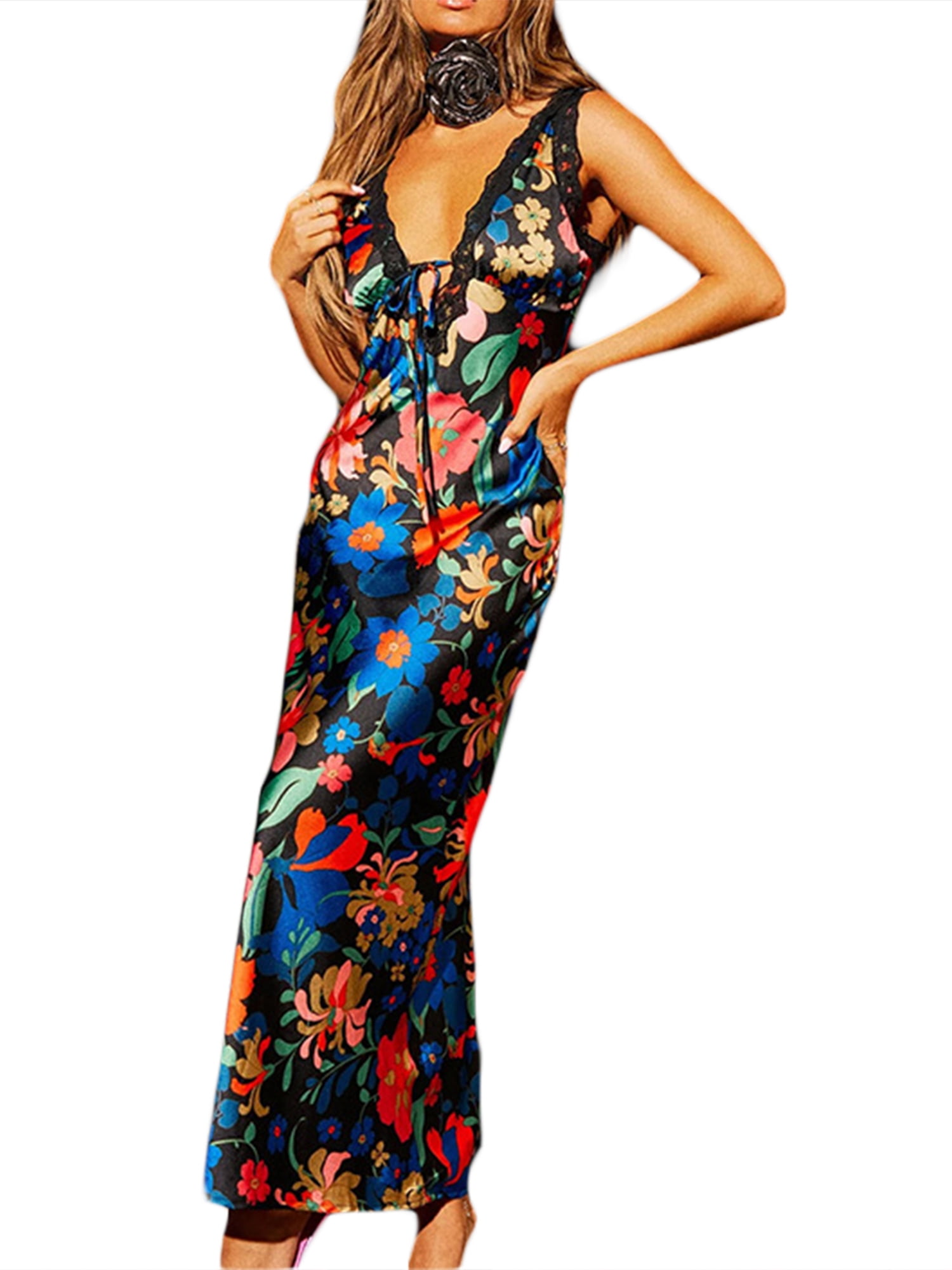 Allshope Women Slip Dress Sleeveless V Neck Flower Print Summer Dress