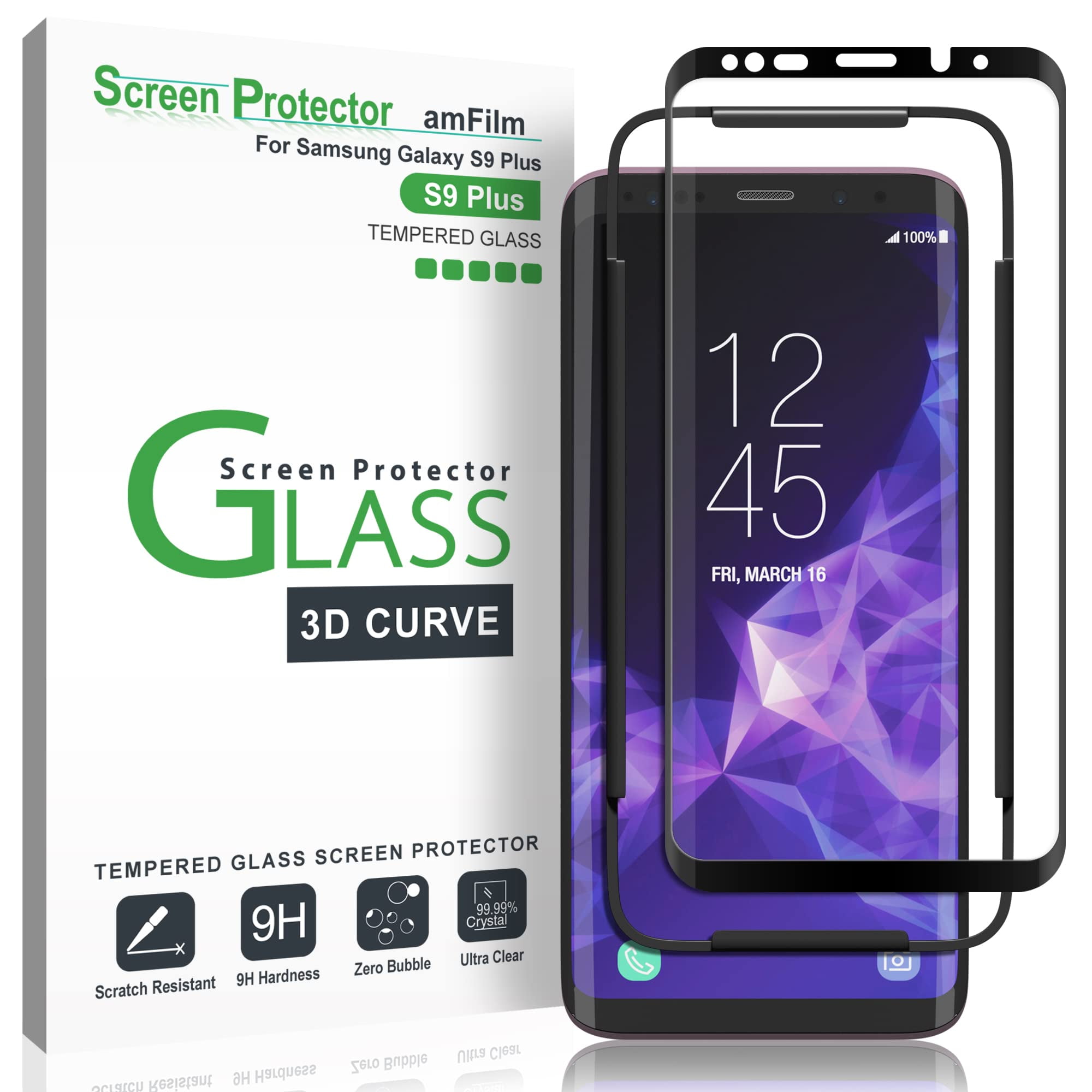 amFilm Glass Screen Protector for Samsung Galaxy S9 Plus, 3D Curved Tempered Glass, Dot Matrix ...