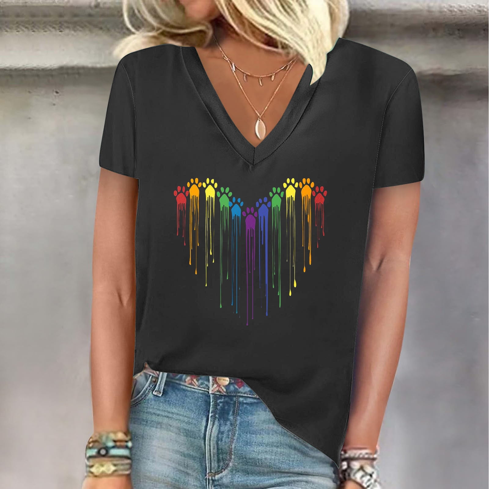 amasding Casual V-Neck Graphic Tees for Women Summer Cute Short Sleeve Holiday Family Match T ...