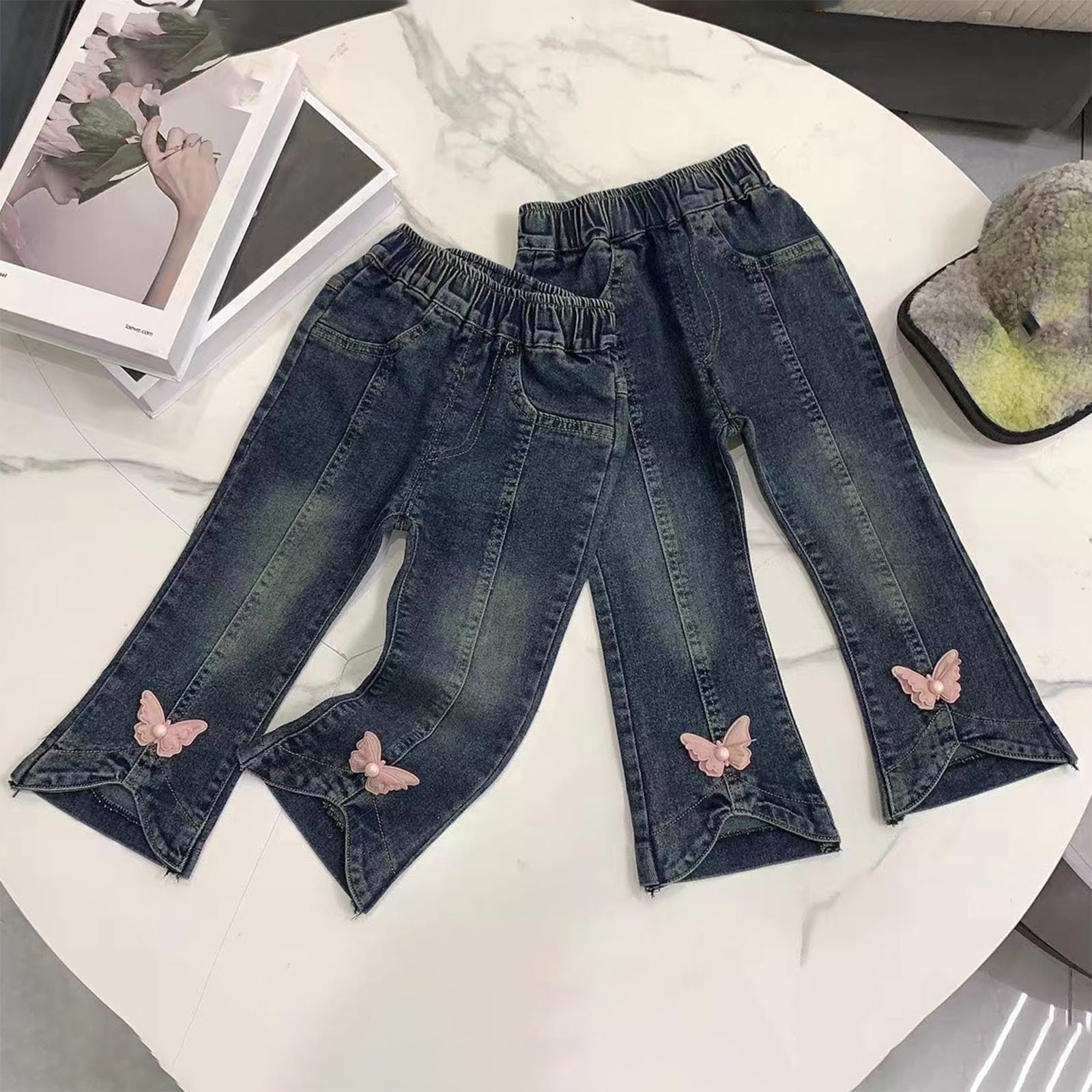 Wancir Girls Jeans Pants Wide Leg Denim Pant Ripped High Waist Elastic ...