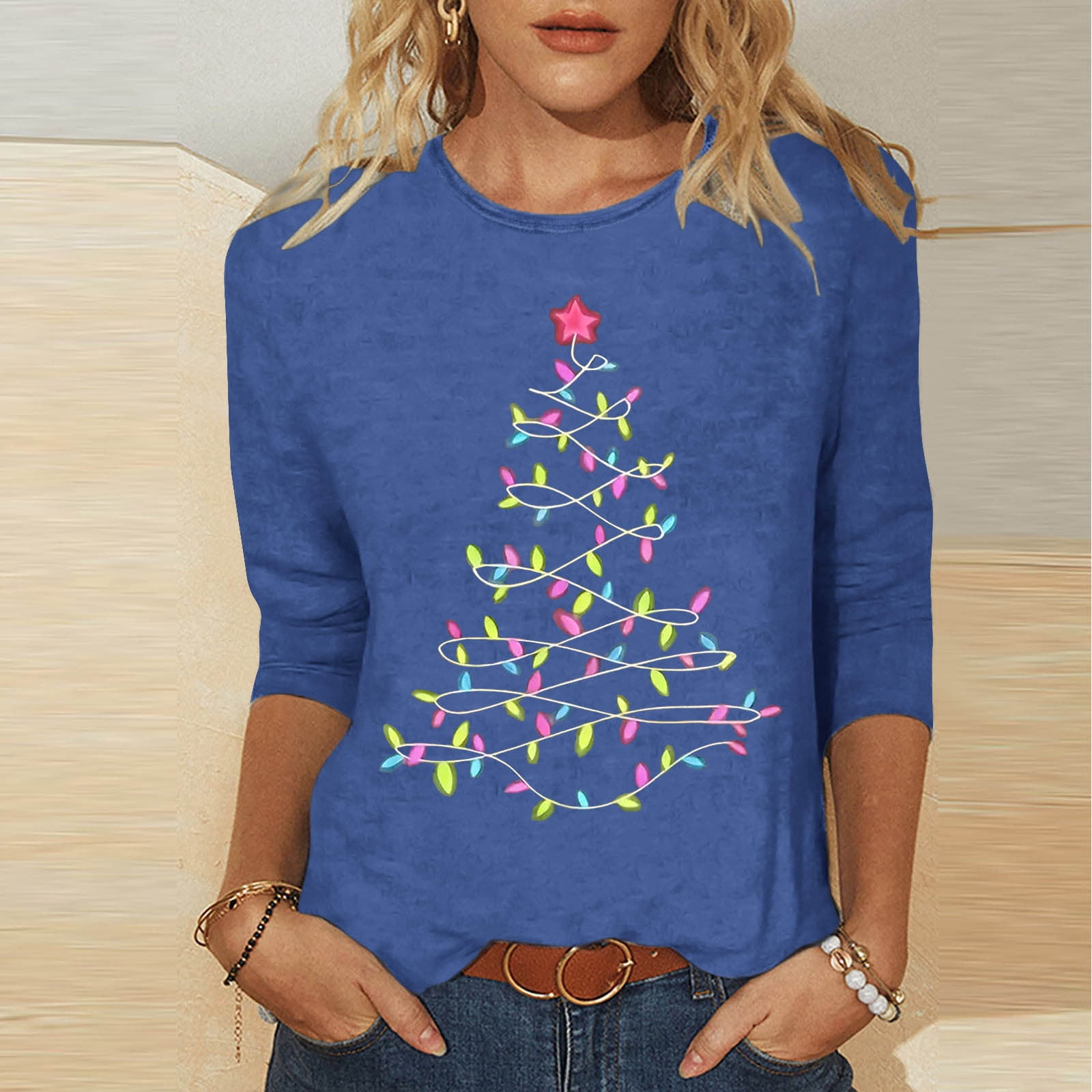 amasding Merry Christmas Shirt 3/4 Length Sleeve Womens Blouse Holiday ...