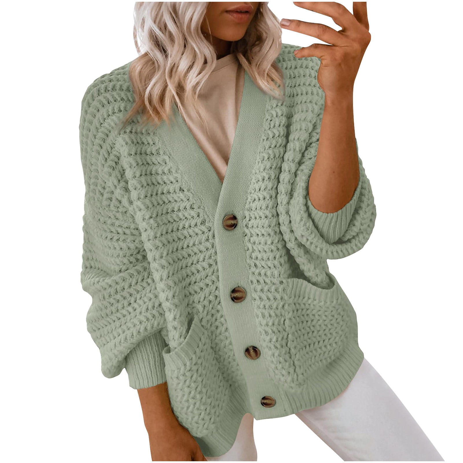 Wancir Women's Chunky Knit Open Front Sweater Long Sleeve Button Loose ...
