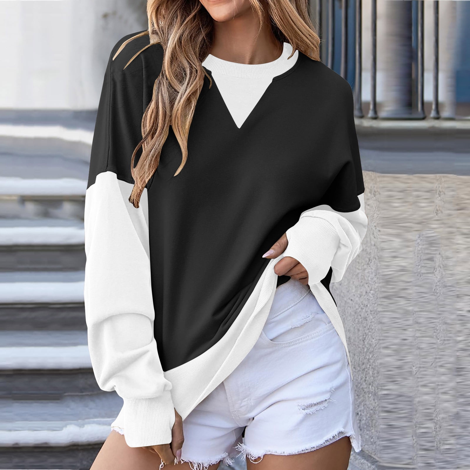 Wancir Women's Color Block Long Sleeve Tunics Tops Casual Round Neck ...