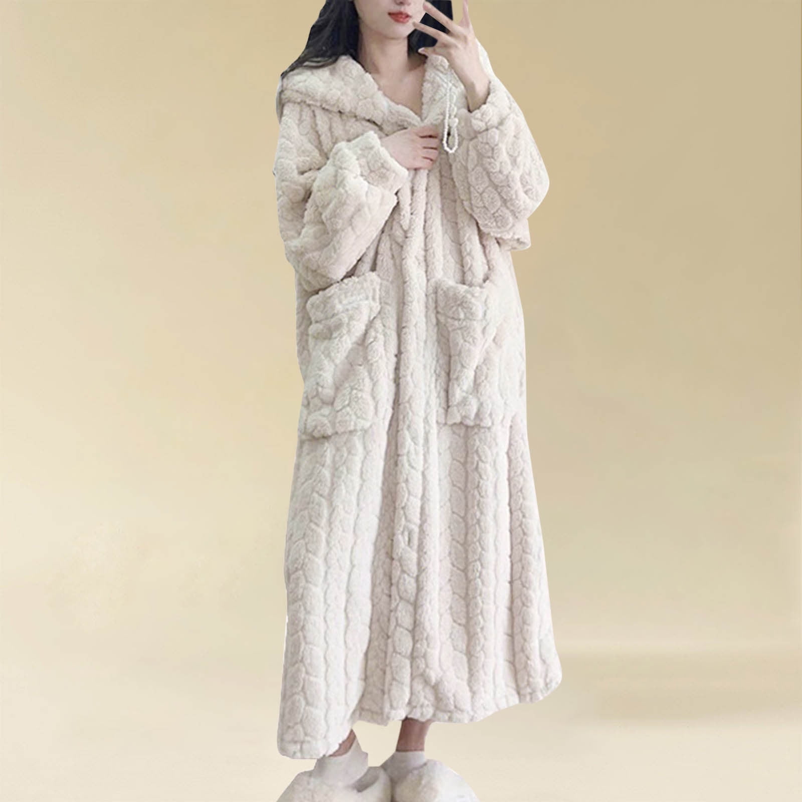 DecSea Women's Plush Hooded Robe - Long Fleece Bathrobe with Pockets ...