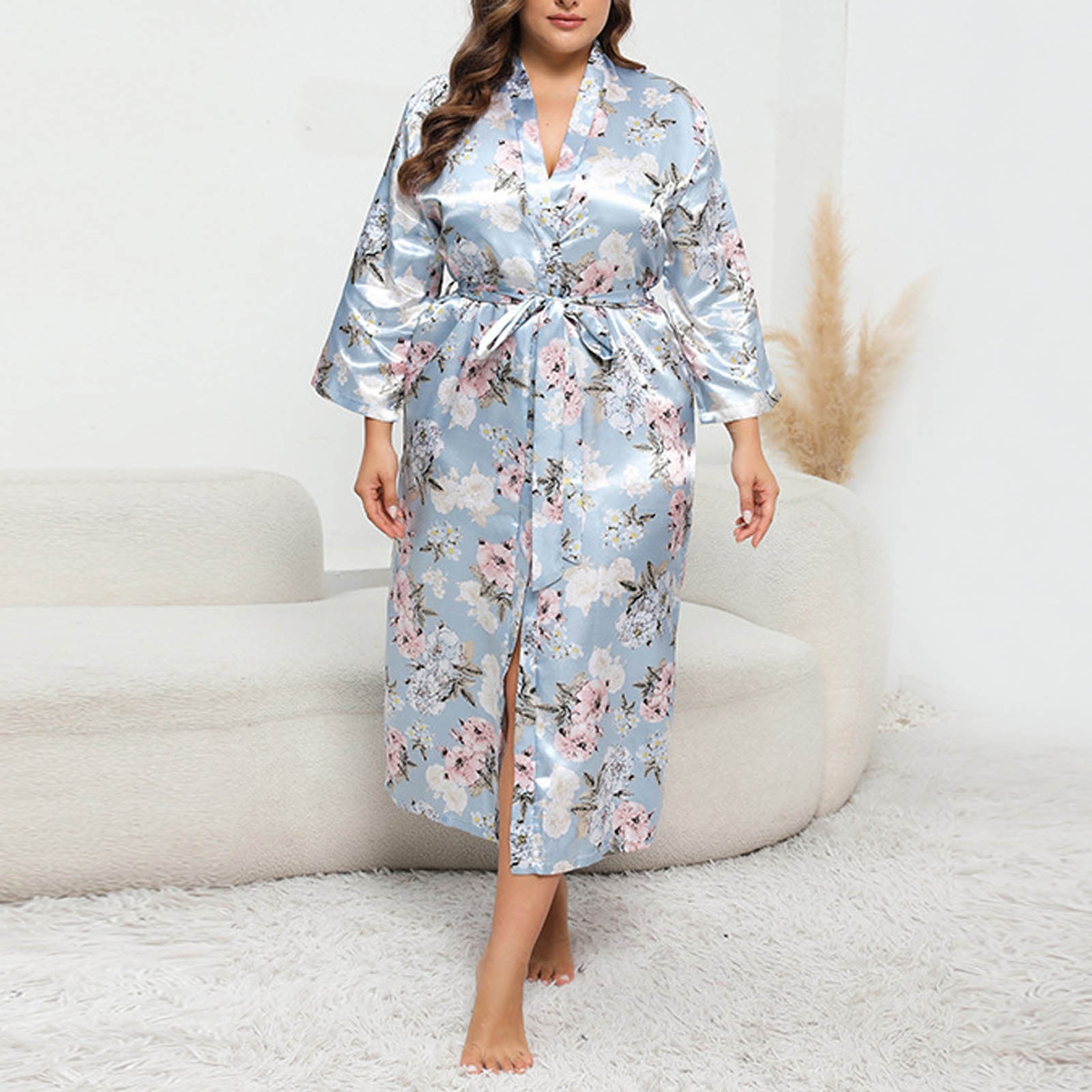 Wancir Women's Satin Kimono Robe Floral Long Silky Robes Bridal Kimonos ...