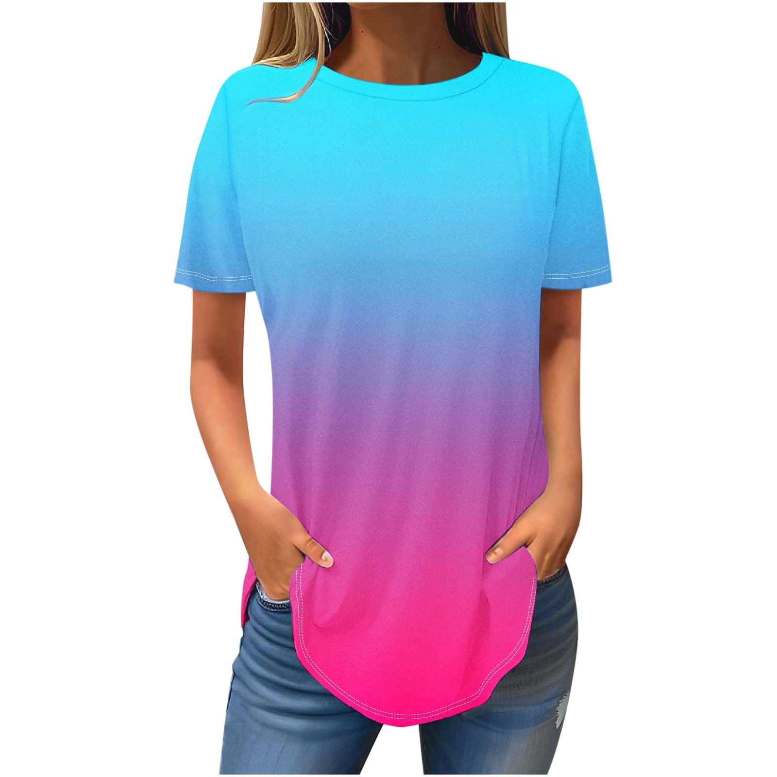 ameIAEA Casual Round Neck T Shirts for Women Short Sleeve Curved Hem ...