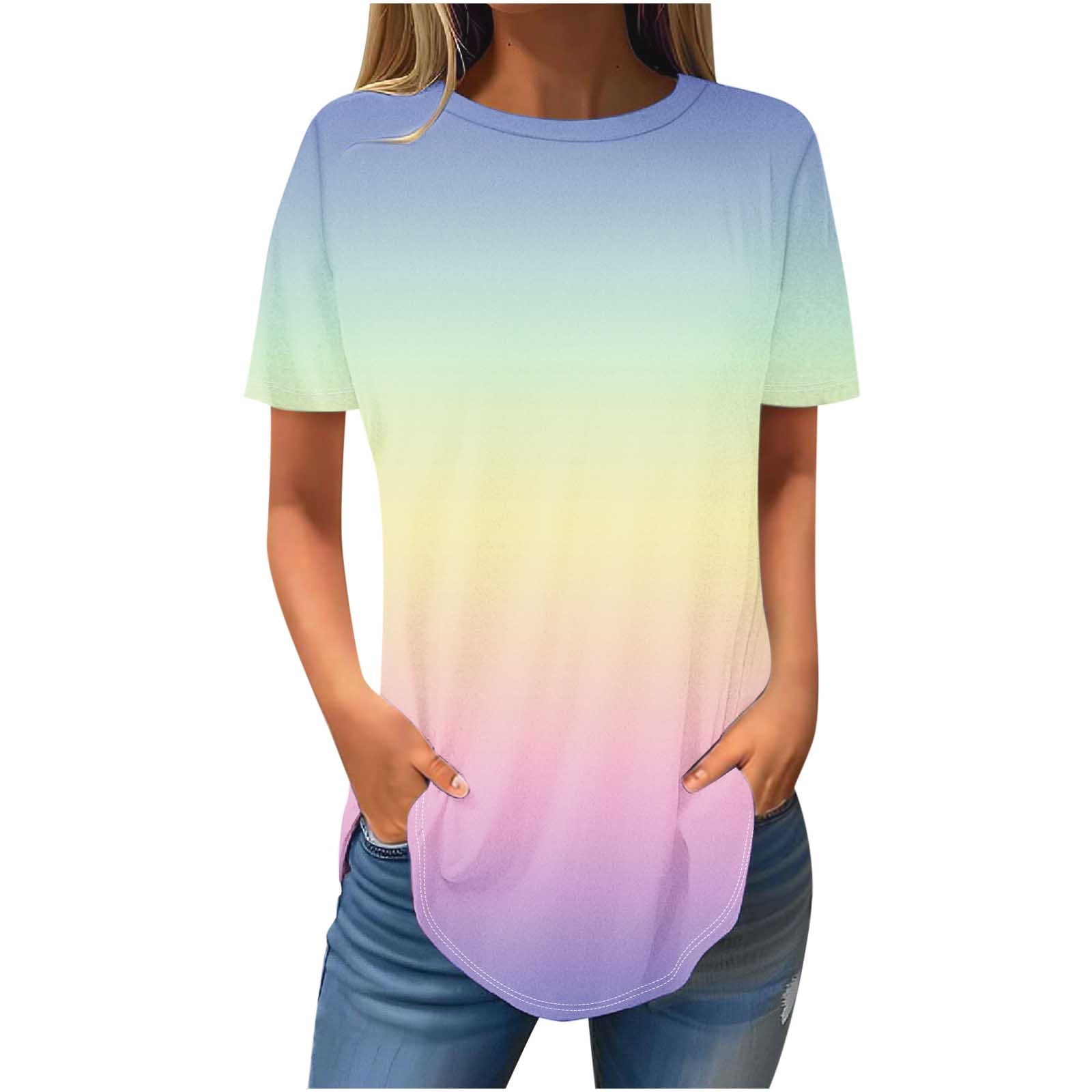 ameIAEA Casual Round Neck T Shirts for Women Short Sleeve Curved Hem ...