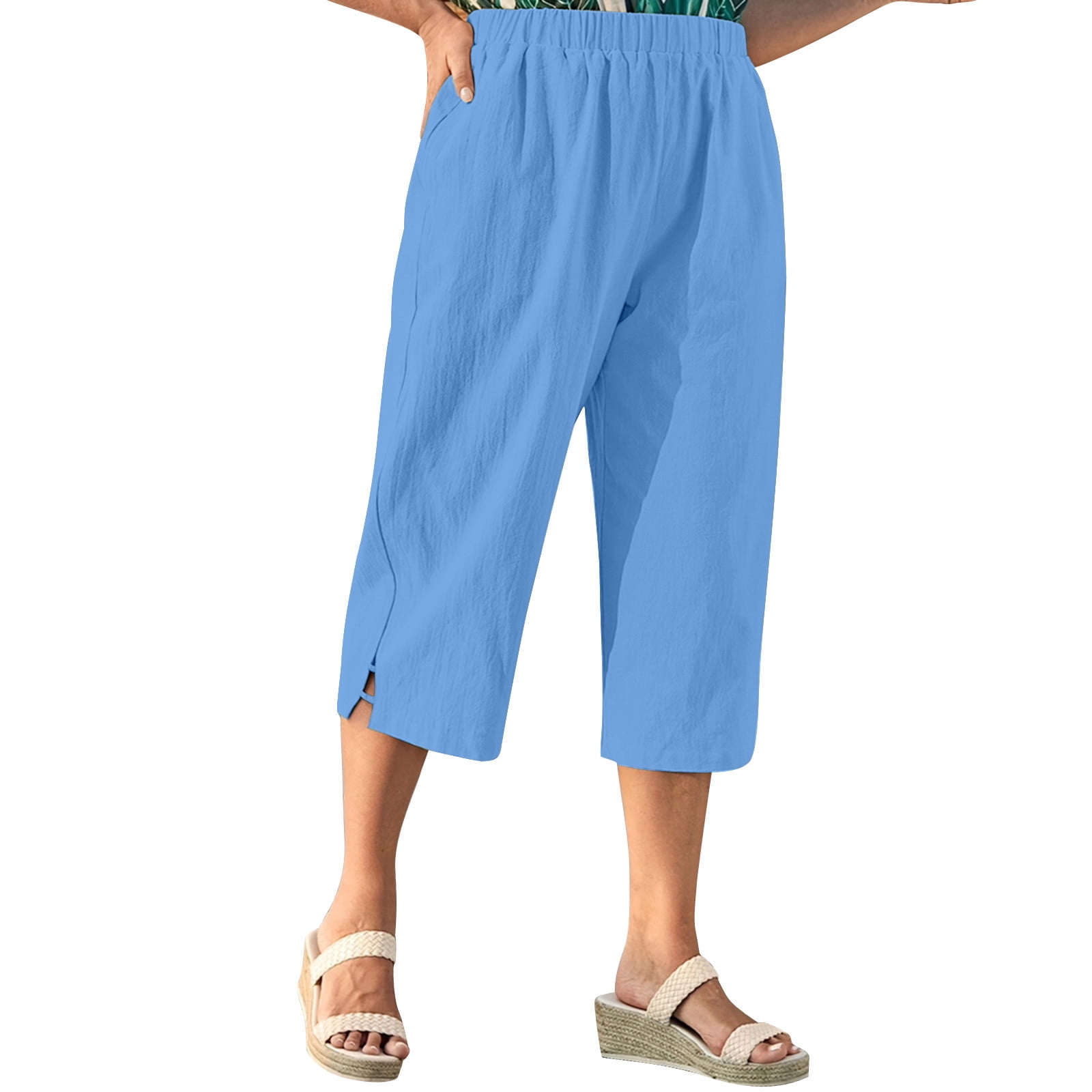 ameIAEA Cotton Linen Capri Pants for Women High Elastic Waist Wide Leg ...