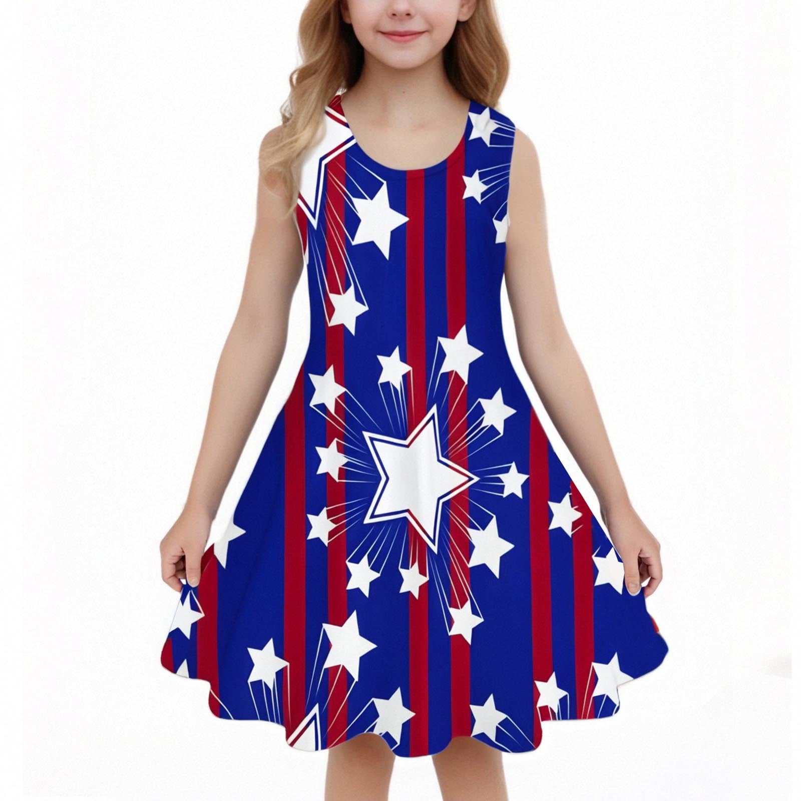ameIAEA Girls 4th of July Dress Kids Summer Sleeveless A-Line Print ...