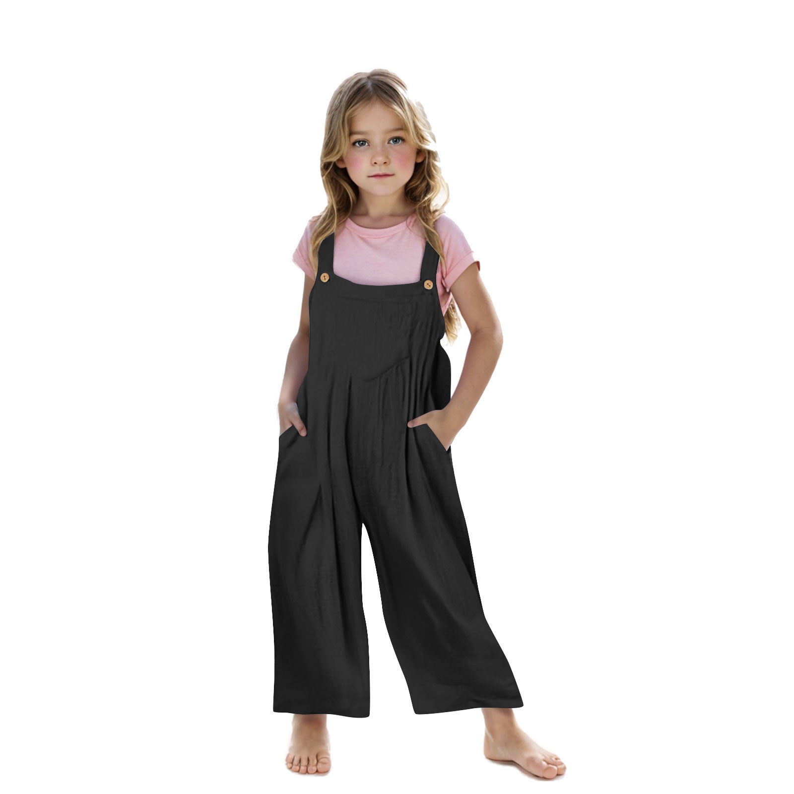 ameIAEA Girls Summer Sleeveless Overalls Kids Cotton Linen Wide Leg ...