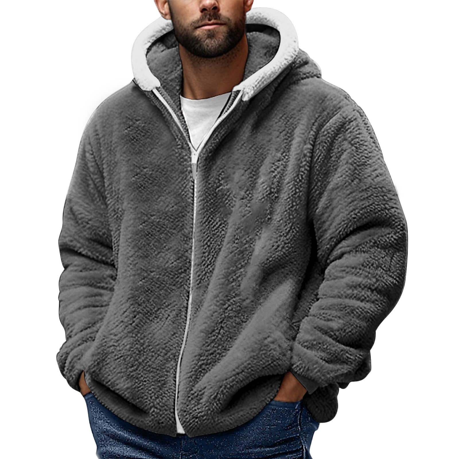 ameIAEA Mens Fuzzy Zip Hoodie Sweatshirt Sherpa Plush Zip Up Jacket ...