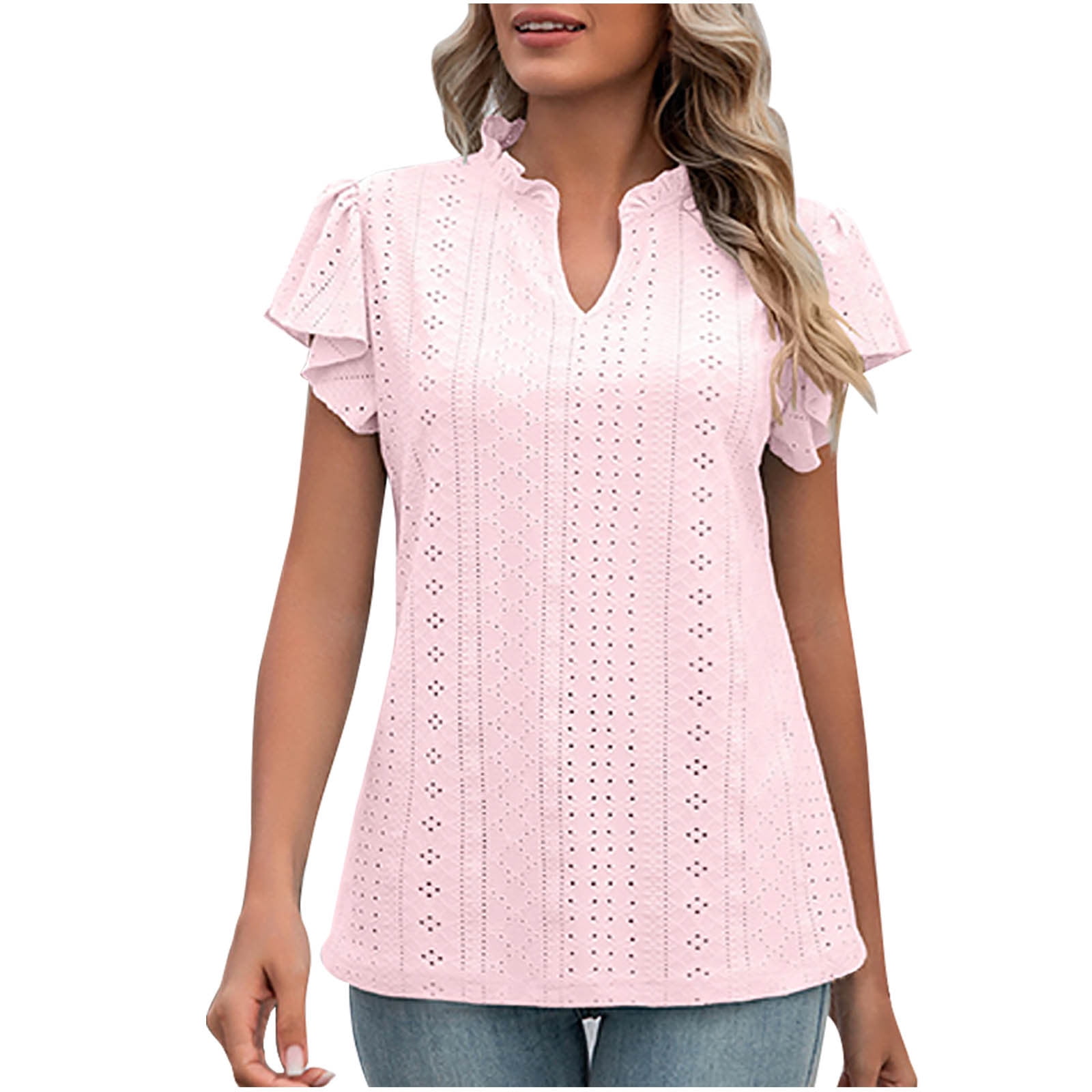 ameIAEA Ruffled Blouses for Women Short Sleeve V Neck Shirts Hollow Out ...