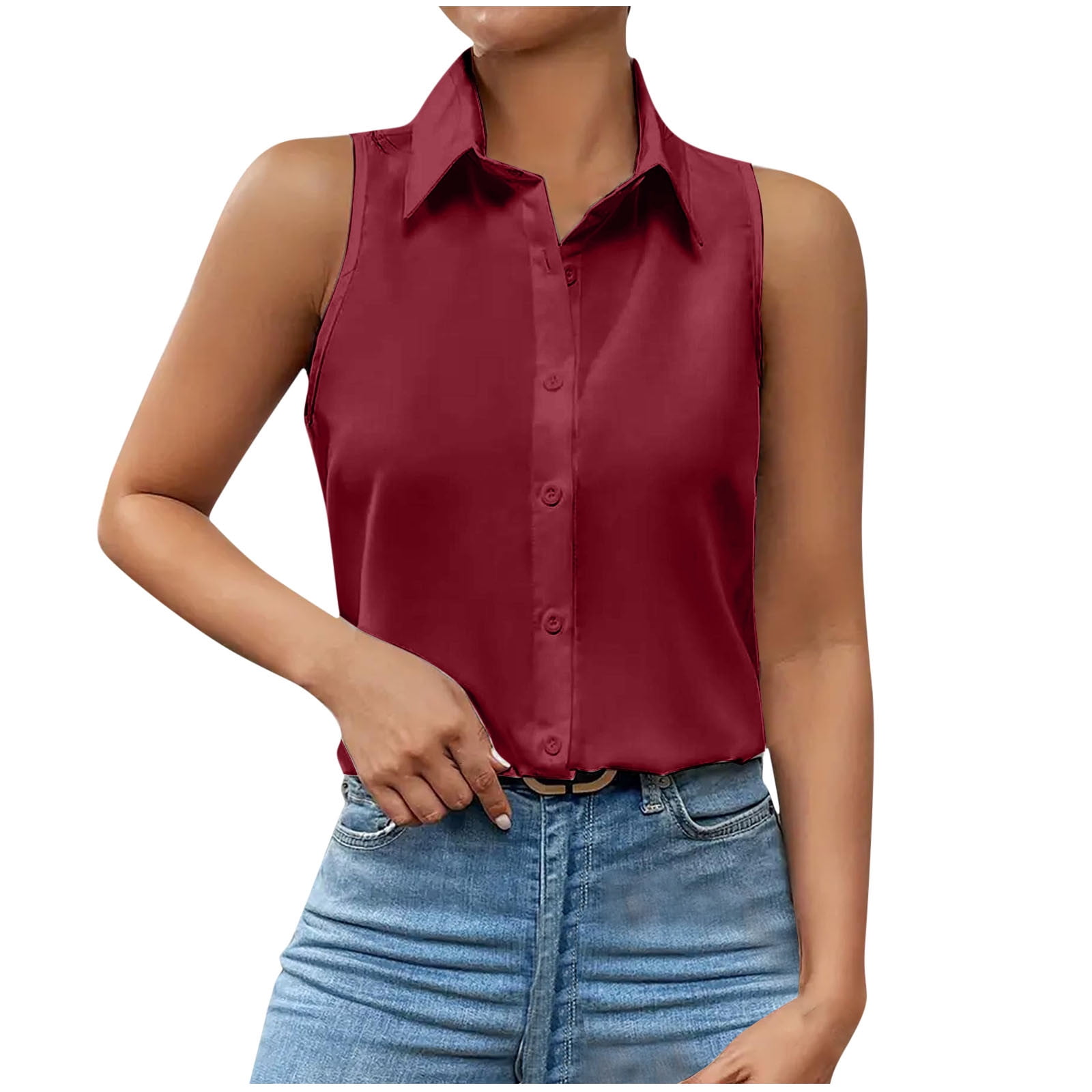 ameIAEA Sleeveless Blouses for Women Button Down Collared Summer ...