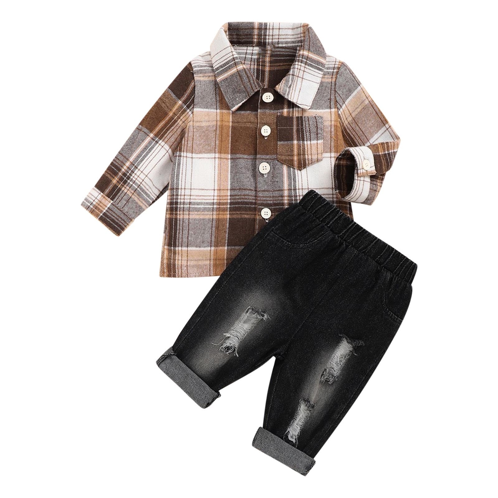 ameIAEA Toddler Boys Girls Fall Spring Outfits Long Sleeve Button Down Plaid Shirt Jeans Baby ...