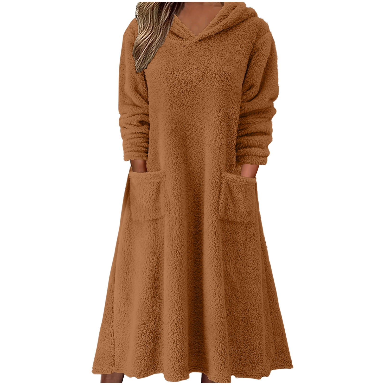 ameIAEA Women Fuzzy Fleece Winter Dress Long Sleeve Hooded Casual Loose ...