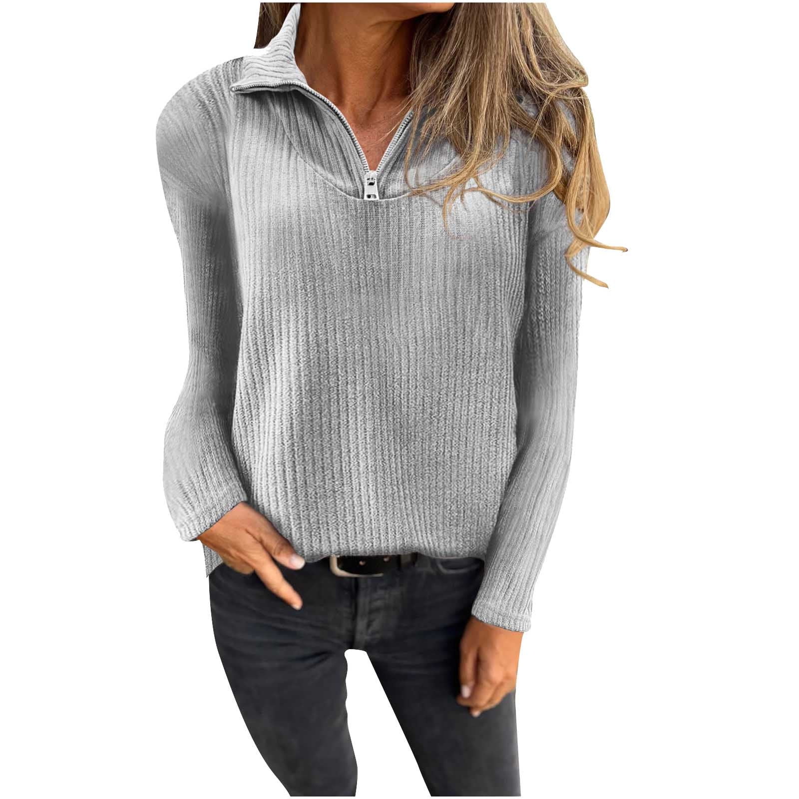 ameIAEA Women Long Sleeve Knitted Tops V Neck Zip Up Collared Shirts ...