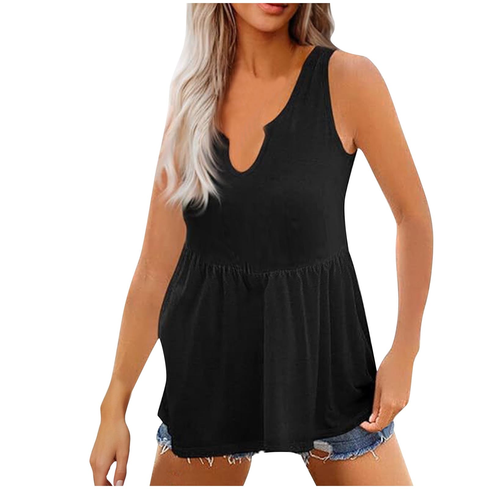 ameIAEA Women Sleeveless V Neck Summer Shirts Solid Color Loose Ruffle ...