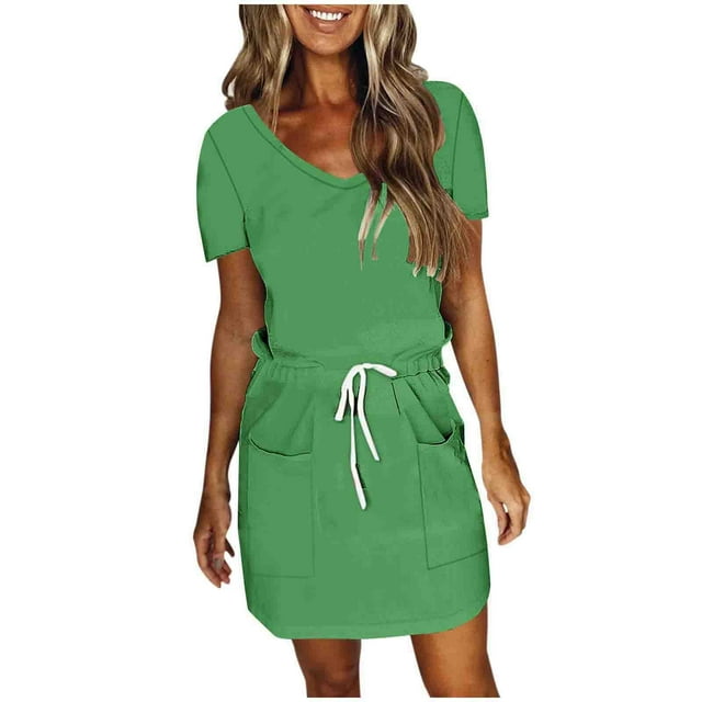 Ameiaea Women Summer Casual Short Sleeve V Neck Dress Drawstring T