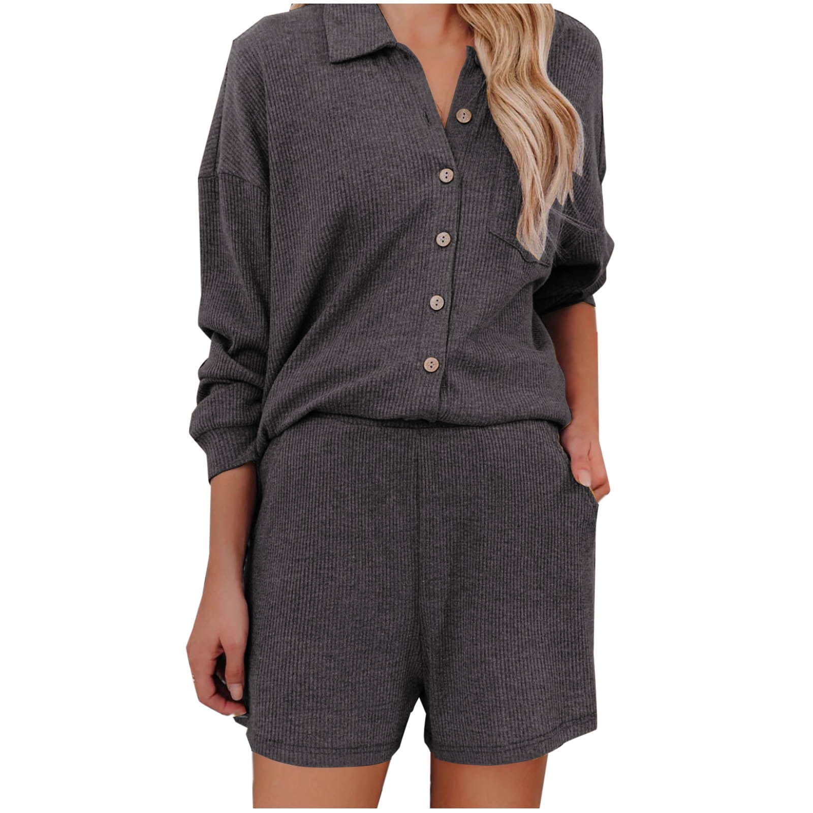 ameIAEA Women's 2 Piece Knit Sets Long Sleeve Button Down Shirts Wide ...