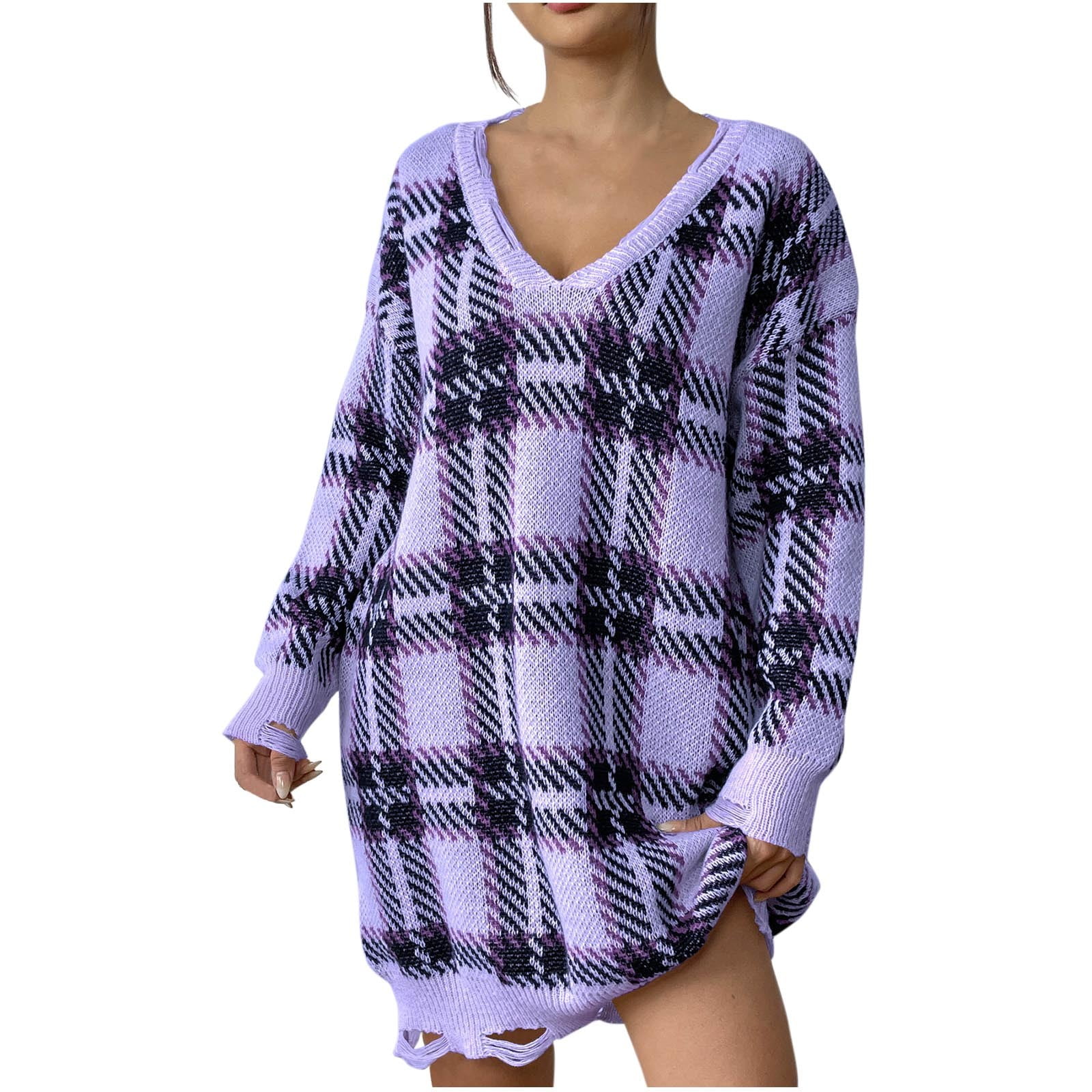 ameIAEA Women's Fall Winter Sweater Dress Plaid Long Sleeve V Neck ...