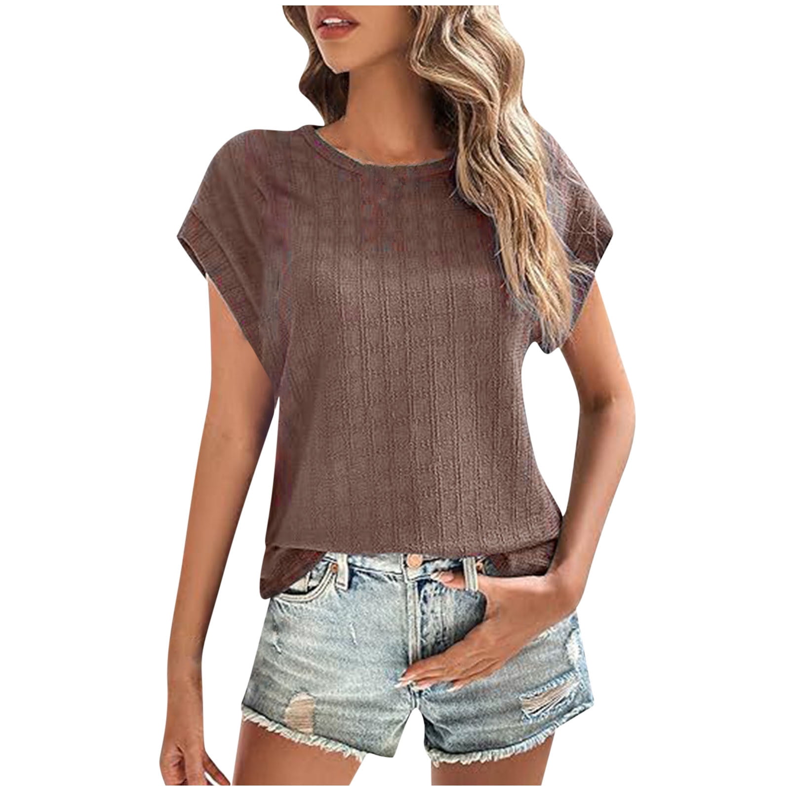 ameIAEA Women's 2024 Summer Cap Sleeve Shirts Solid Color Basic Work ...