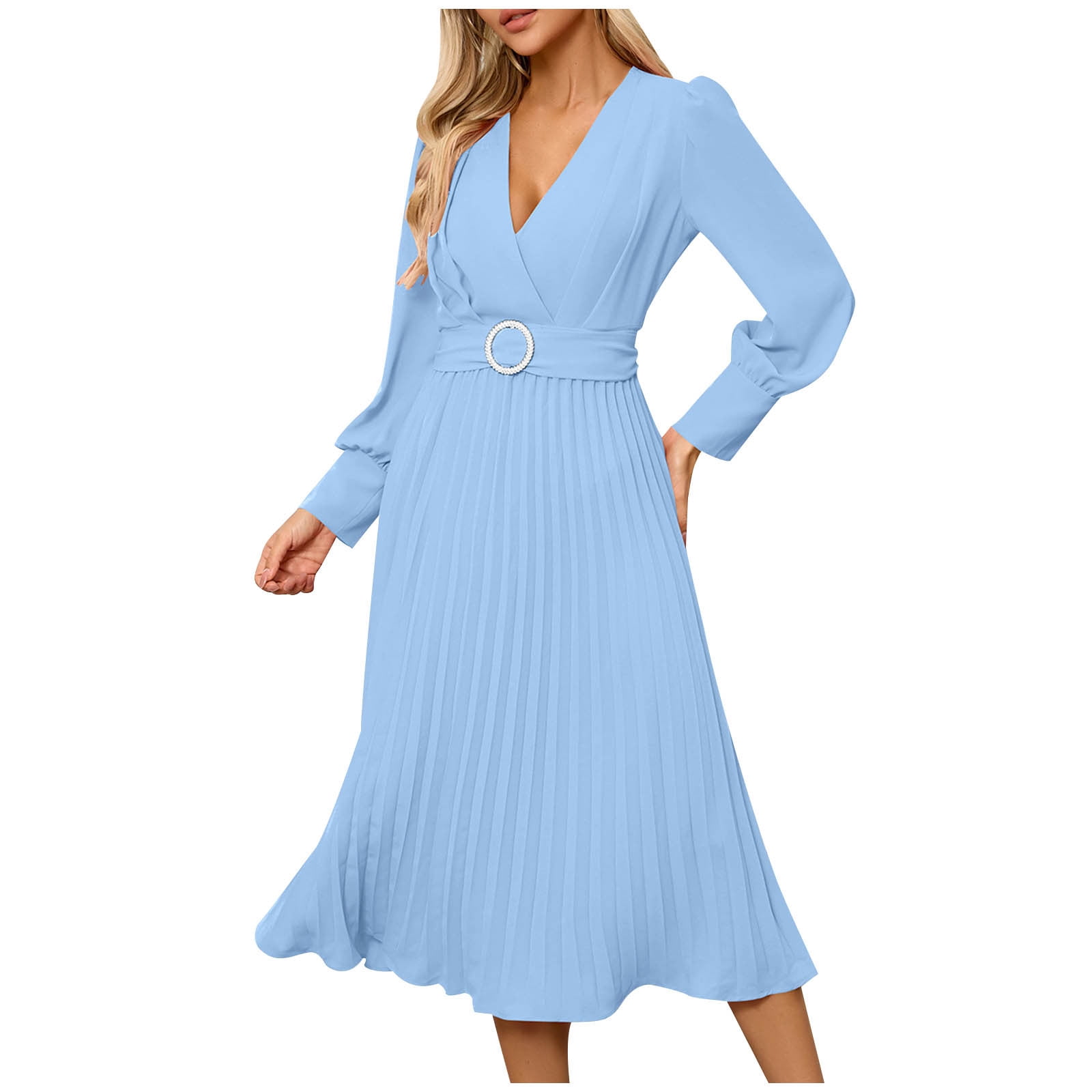 ameIAEA Women's Fall Formal Wedding Guest Dress Long Sleeve V Neck A ...