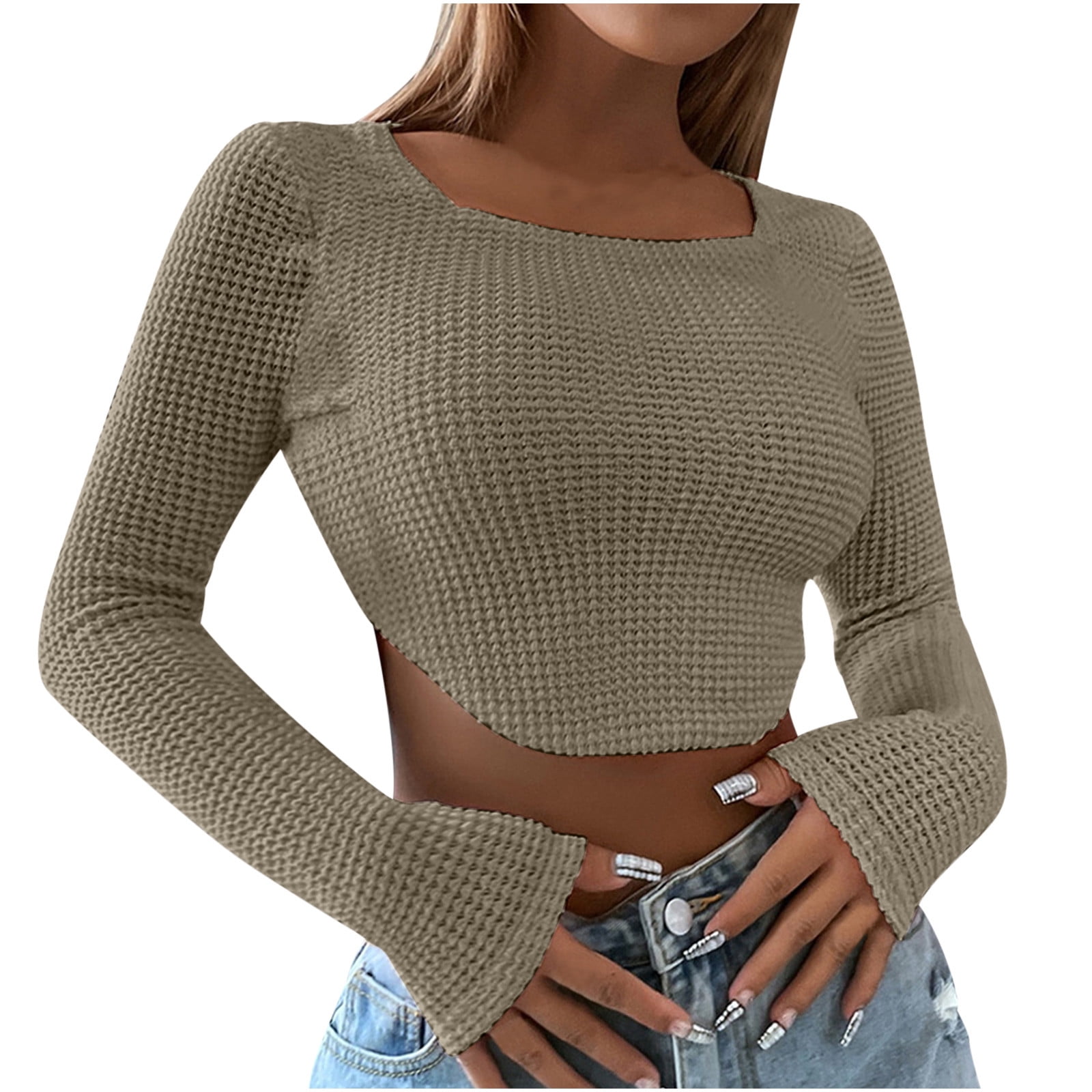 ameIAEA Women's Long Sleeve Square Neck Crop Tops Solid Color Knit Slim ...