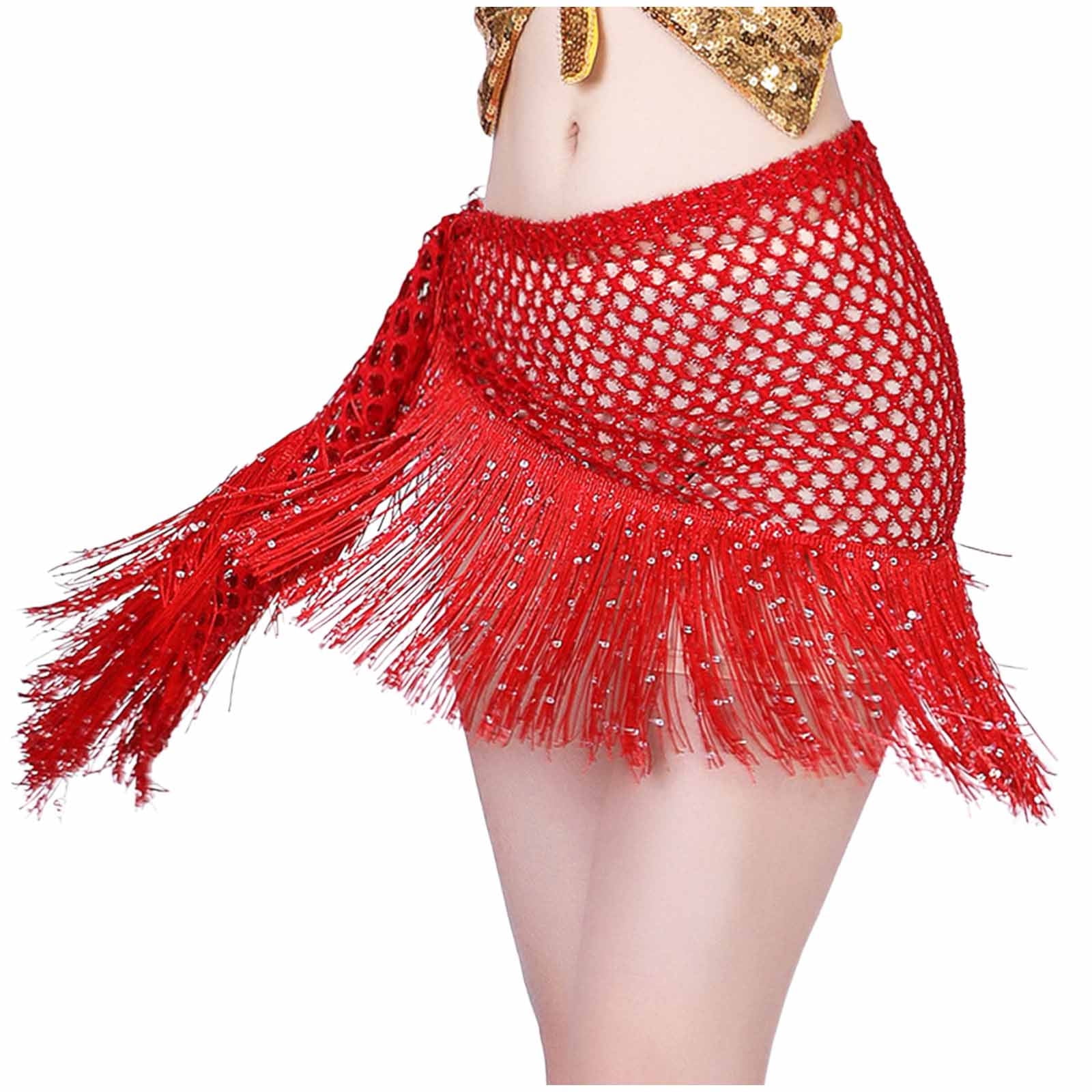 ameIAEA Women's Sequin Wrap Skirt Belly Dance Hip Scarf Tassel Skirt Sparkly Fringe Skirts ...