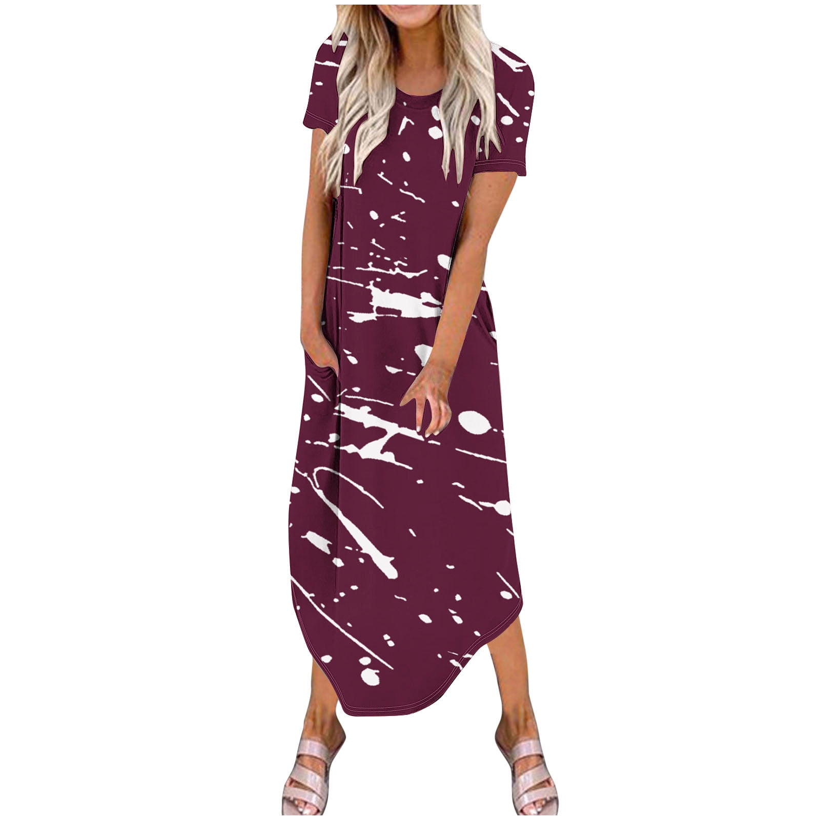 ameIAEA Women's Short Sleeve Crewneck Print Maxi Dress Color Block ...