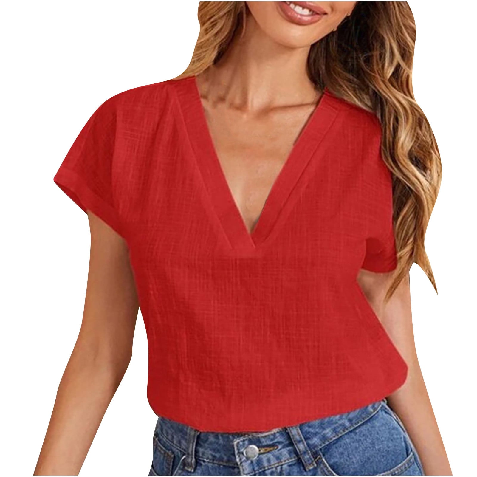 ameIAEA Women's Short Sleeve V Neck Blouses Summer Solid Color Dressy ...