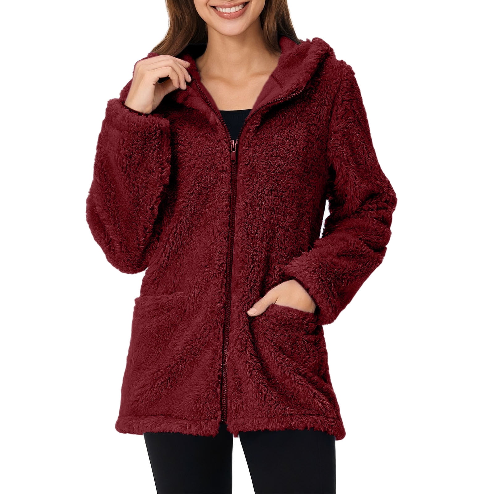 ameIAEA Womens Fuzzy Sherpa Jackets Winter Warm Hooded Outerwear Zip Up Plush Fleece Coats with ...