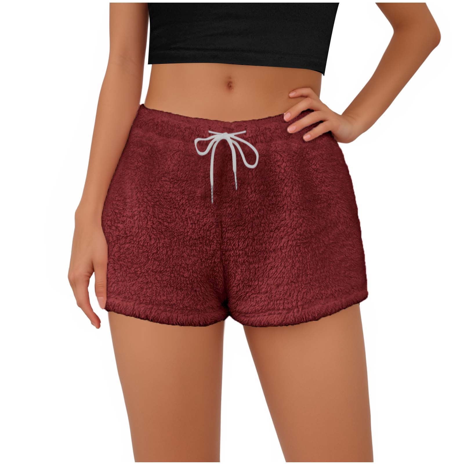 ameIAEA Womens Fuzzy Shorts Elastic Waist Drawstring Shorts Solid Color ...