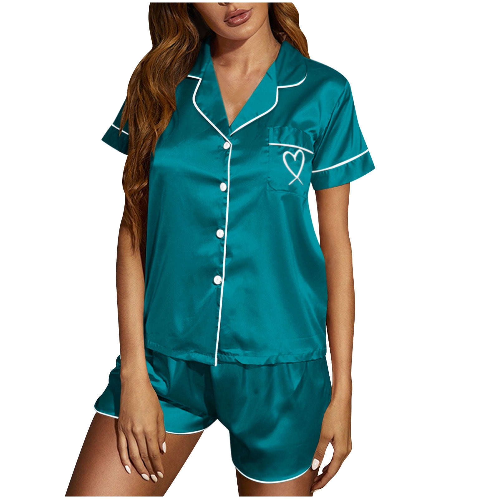 ameIAEA Womens Silk Satin Pajamas Short Sleeve Sleepwear Soft Button ...