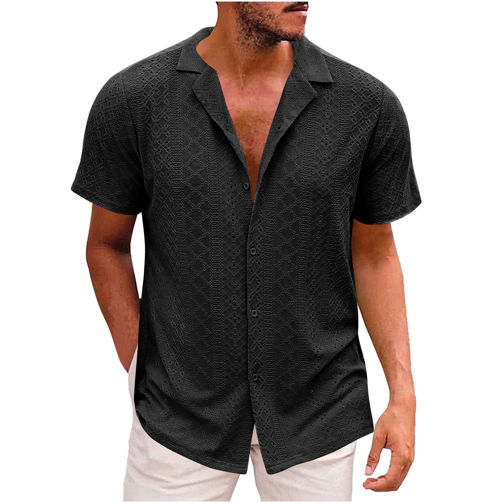 ameIAEA Mens Collared Shirts Short Sleeve Solid Color Beach Shirt ...